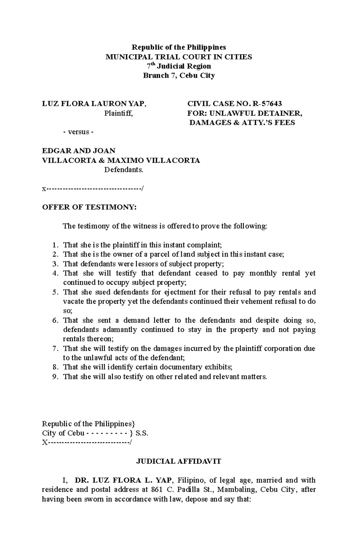 Toaz - sample form - Republic of the Philippines MUNICIPAL TRIAL COURT ...