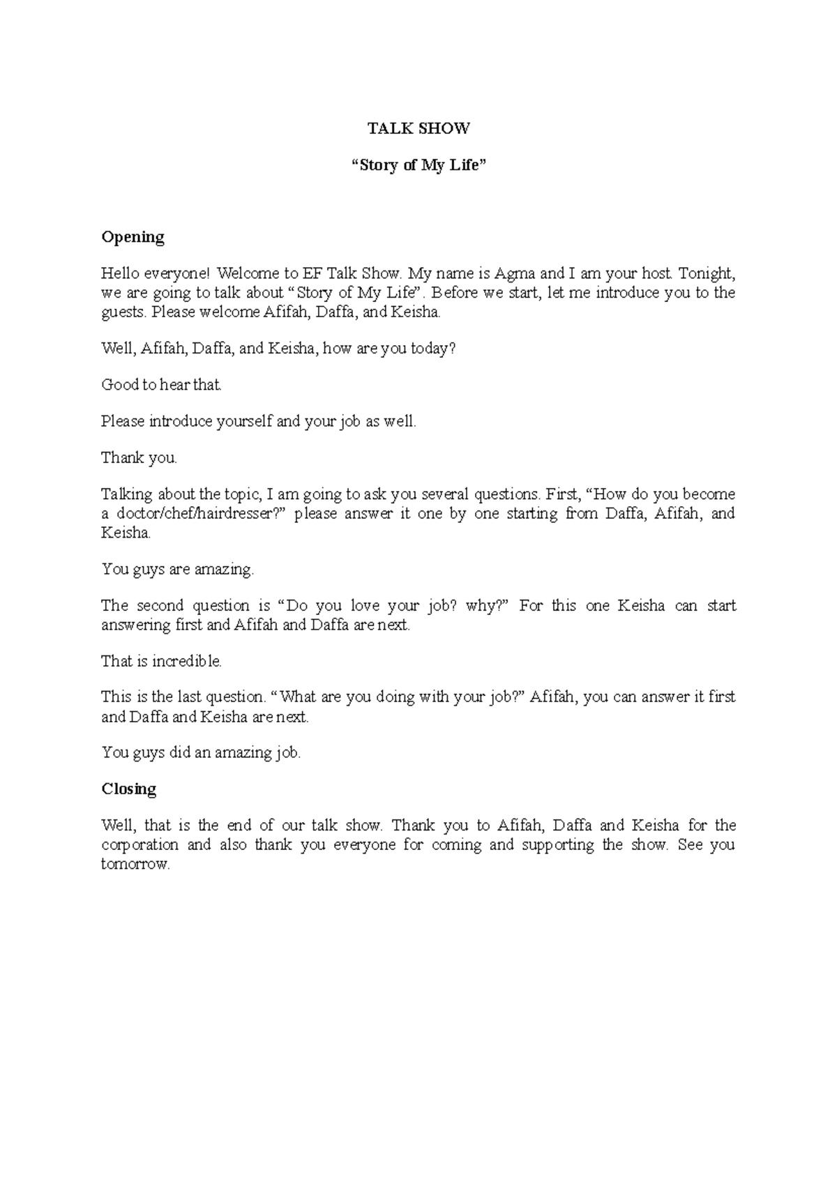 TALK SHOW - TALKSHOW TEXT - TALK SHOW “Story of My Life” Opening Hello ...