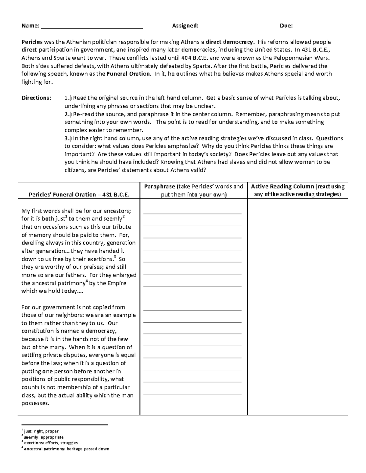 Pericles Funeral Oration Paraphrasing Worksheet-1 - Name