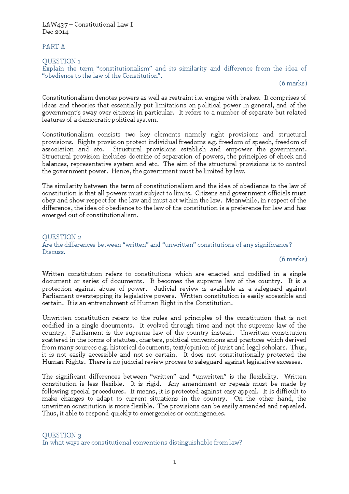 LAW437 Constitutional Law I (Group Assignment) - Dec 2014 PART A ...