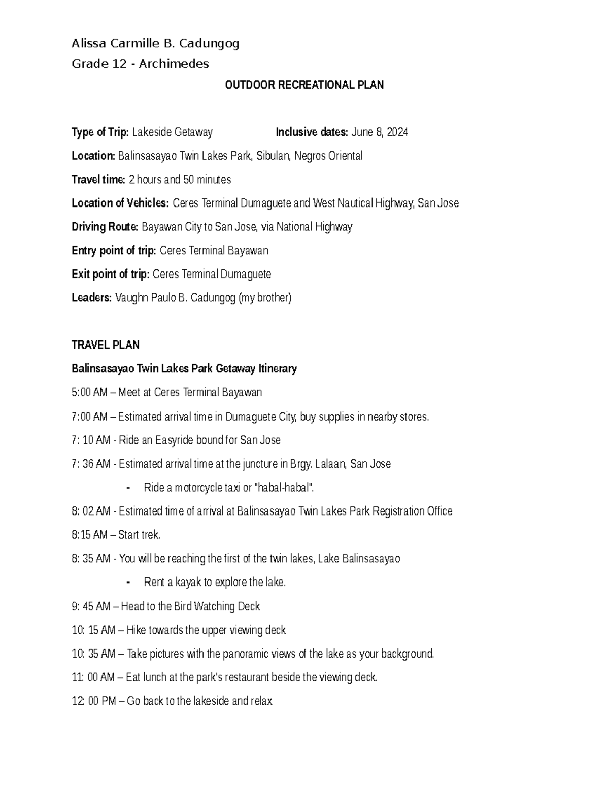 Outdoor Recreational PLAN - Alissa Carmille B. Cadungog Grade 12 ...