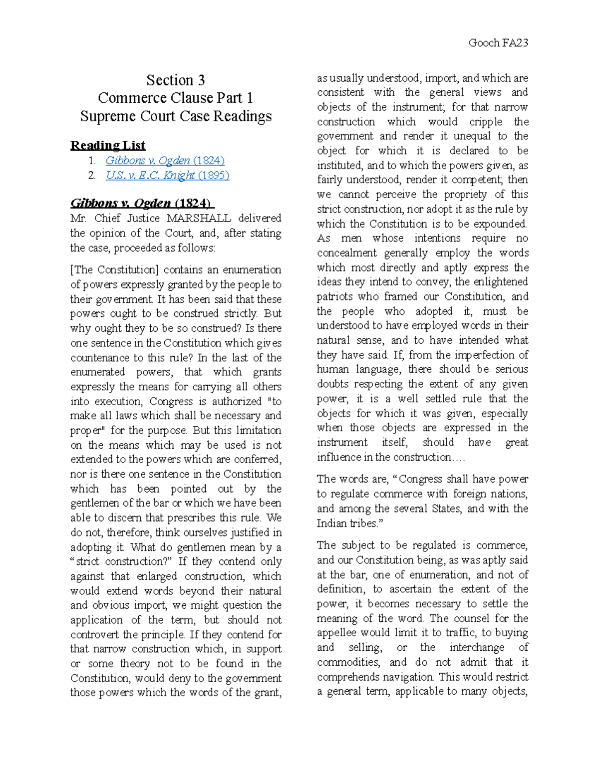 Commerce Clause Part 1 Case Readings Section 3 Commerce Clause Part