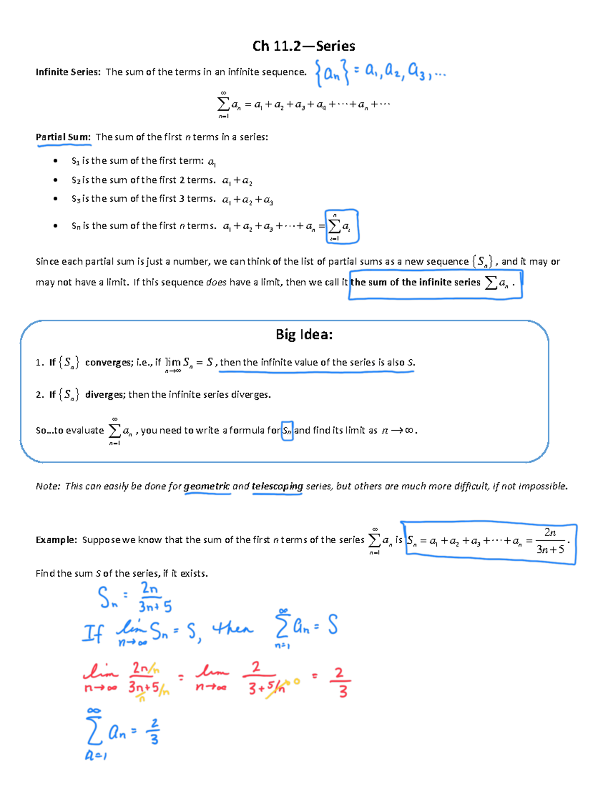 Math 401 Ch 112-Series (filled in) - Ch 11—Series Infinite Series: The ...