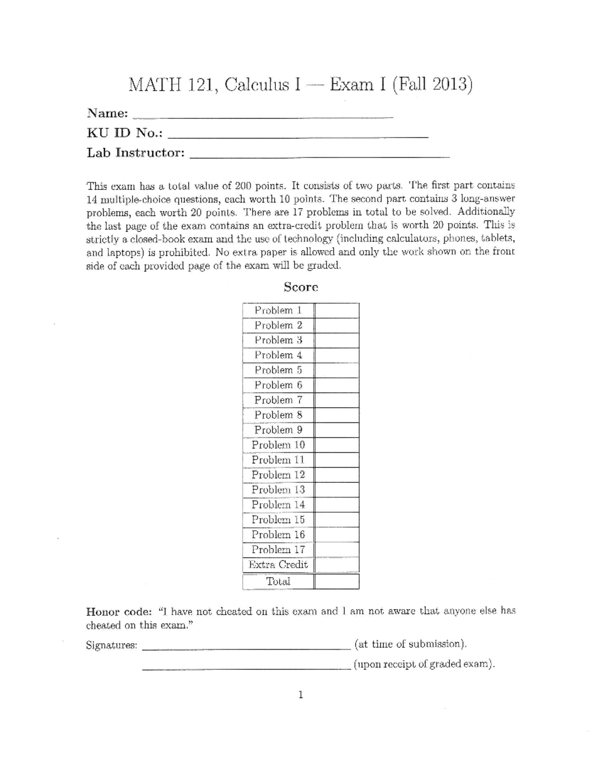 2013 fa121exam1soln Calculus - Introduction to Calculus - Studocu