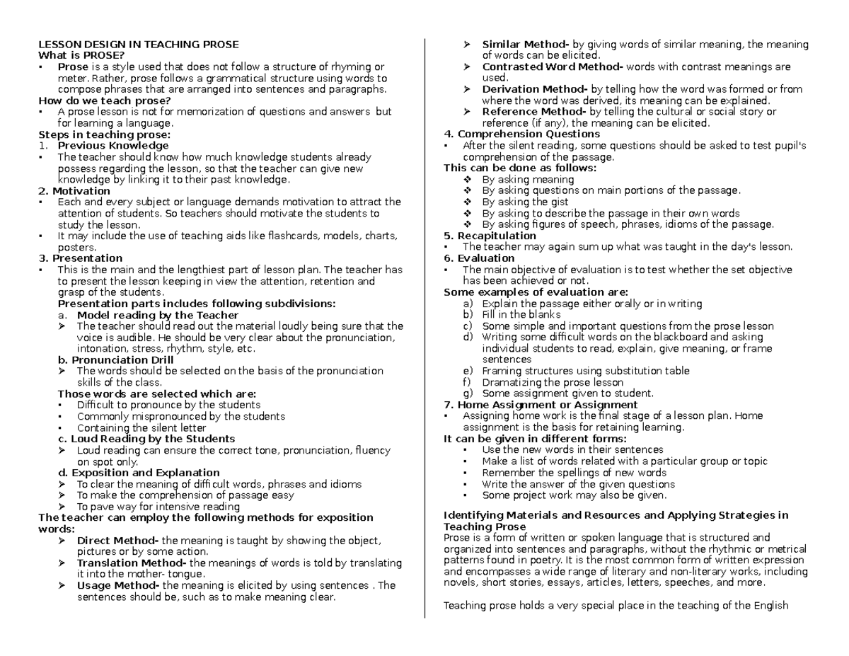 Reviewer Finals - LESSON DESIGN IN TEACHING PROSE What is PROSE? Prose ...