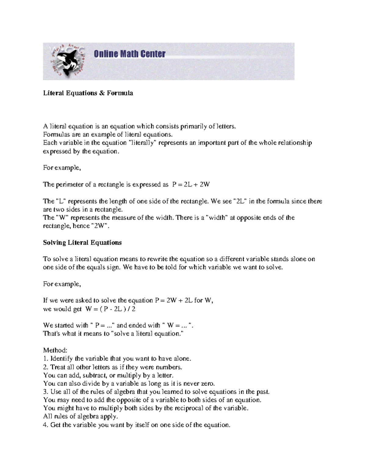 Literal Equations - Lecture notes 1-5 - Literal Equations & Formula A ...