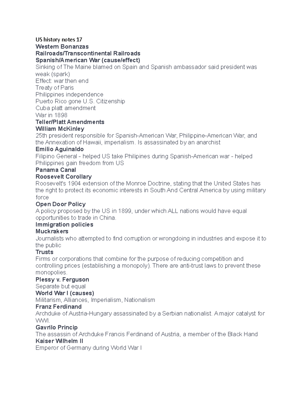 US history notes 16 - Citizenship Cuba platt amendment War in 1898 ...