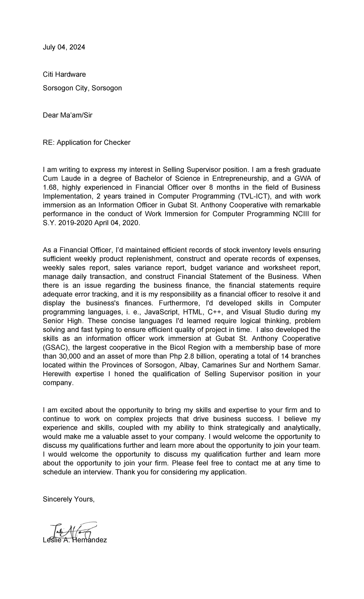 Covered letter - cfnfrf - July 04, 2024 Citi Hardware Sorsogon City ...