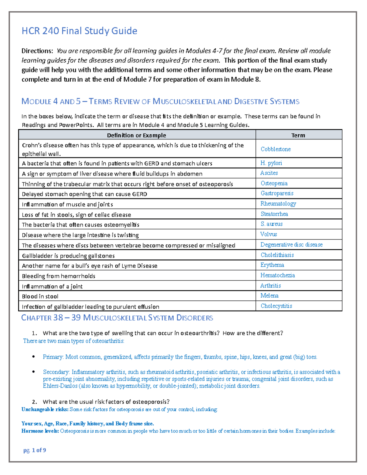 HCR 240 Module 7 Final Exam Study Guide - Directions: You are ...