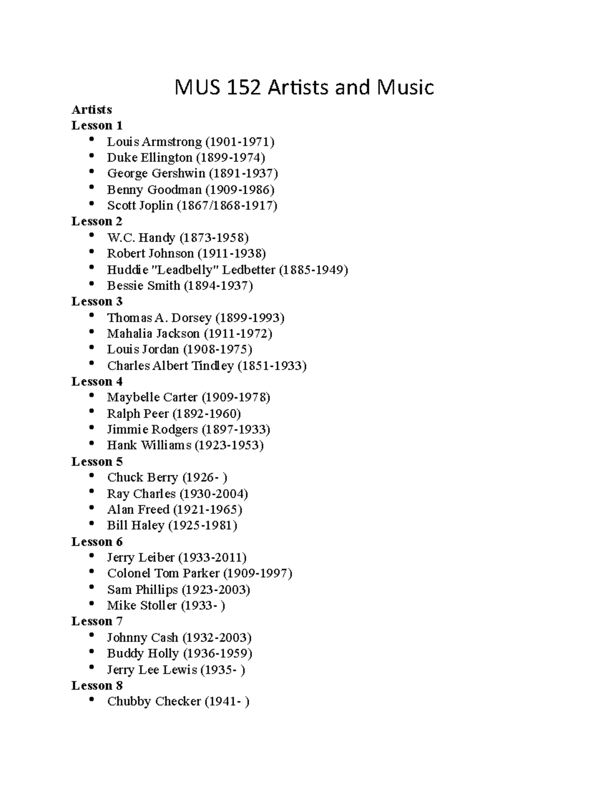 MUS 152 Artists and Music - MUS 152 Artists and Music Artists Lesson 1 ...
