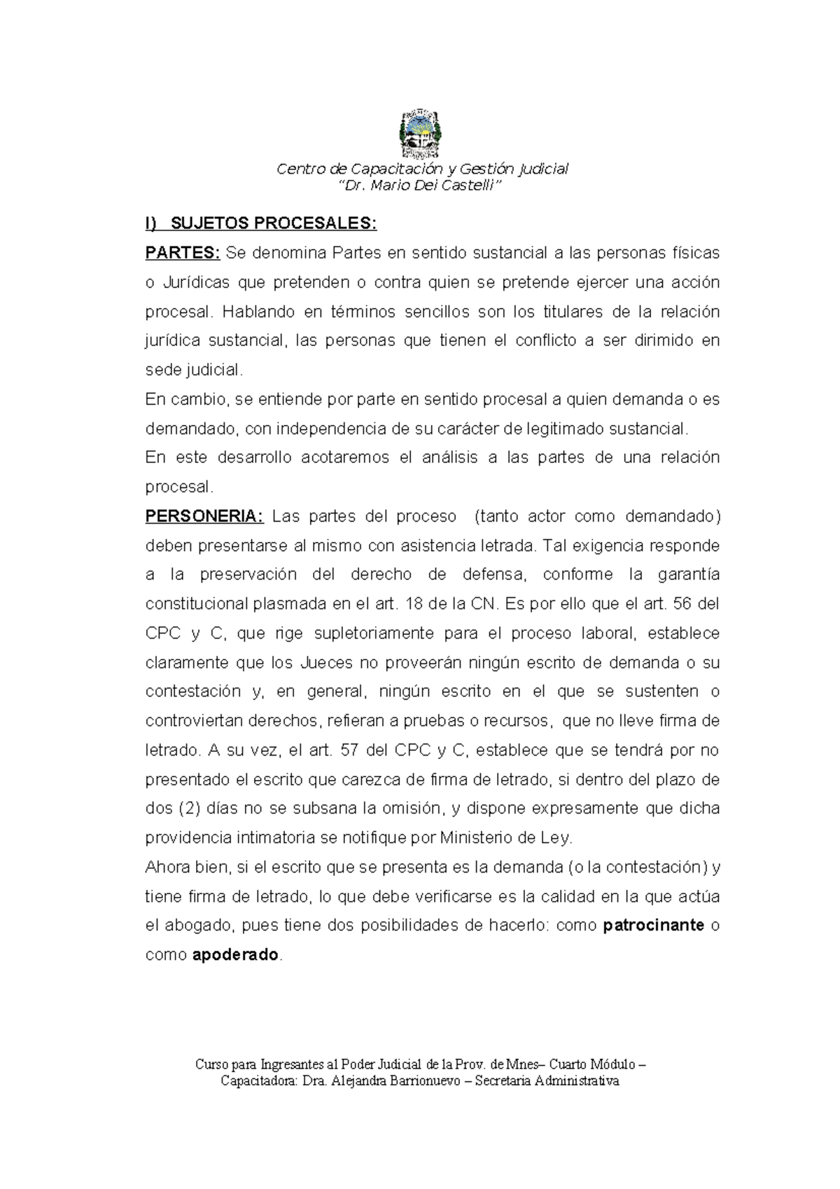 Sujetos Procesales LAS Partes - “Dr. Mario Dei Castelli” I) SUJETOS ...