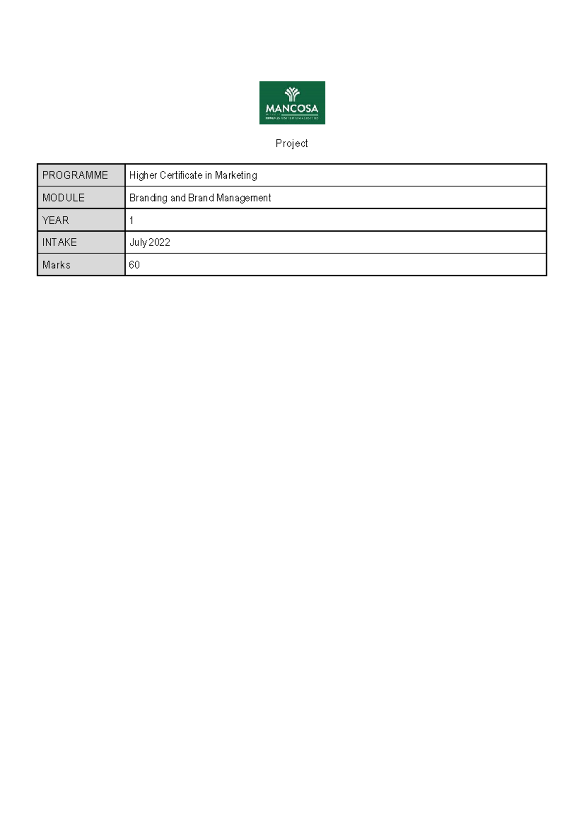Branding AND Brand Management Project March 2023 - Project PROGRAMME ...