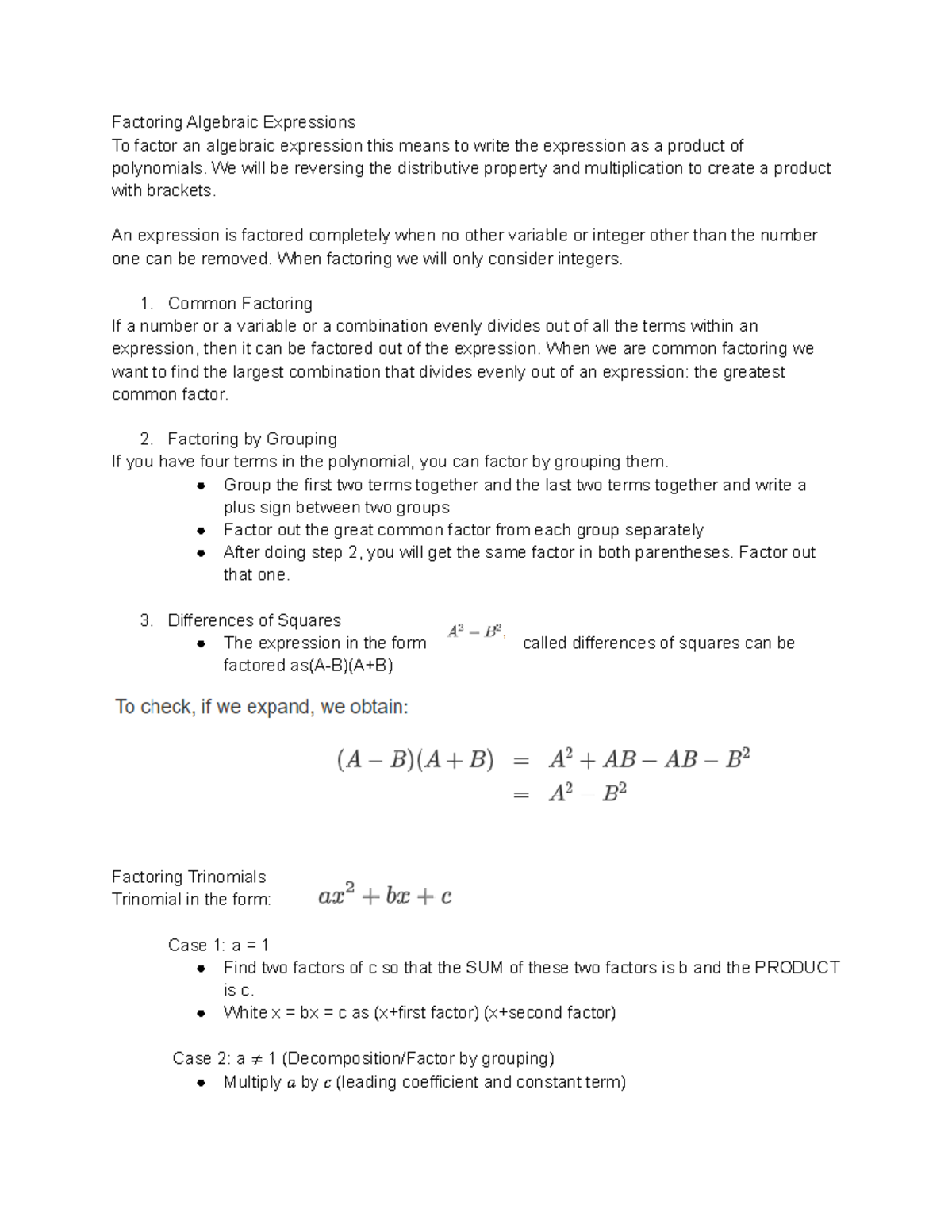 Factoring Algerbraic Expressions note - Factoring Algebraic Expressions ...