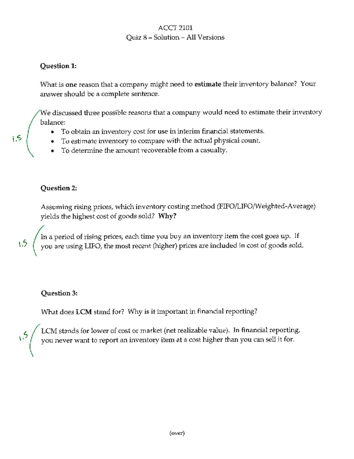 ACCT 2101 Quiz 8 (All Versions) Solution Spr23 - ACCT 2101 - Studocu