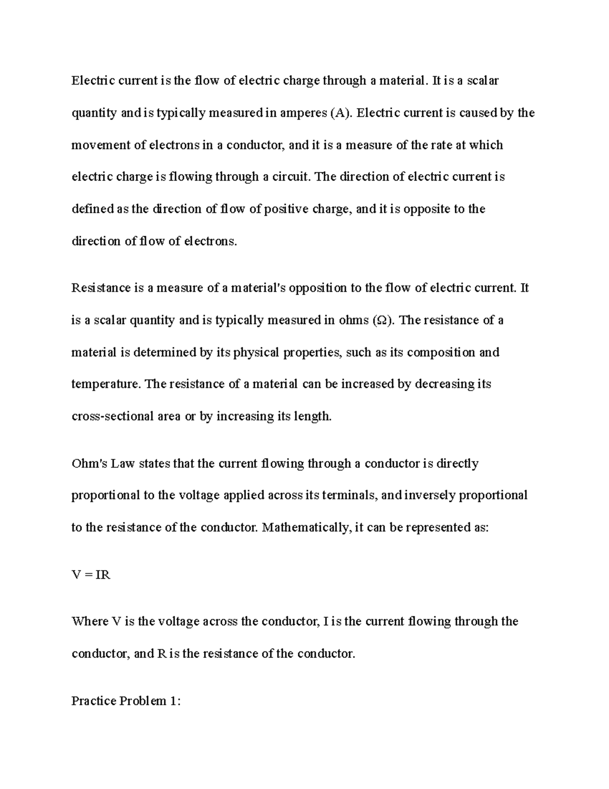 Electric Currents and Resistance Notes and Practice Problems - Electric ...