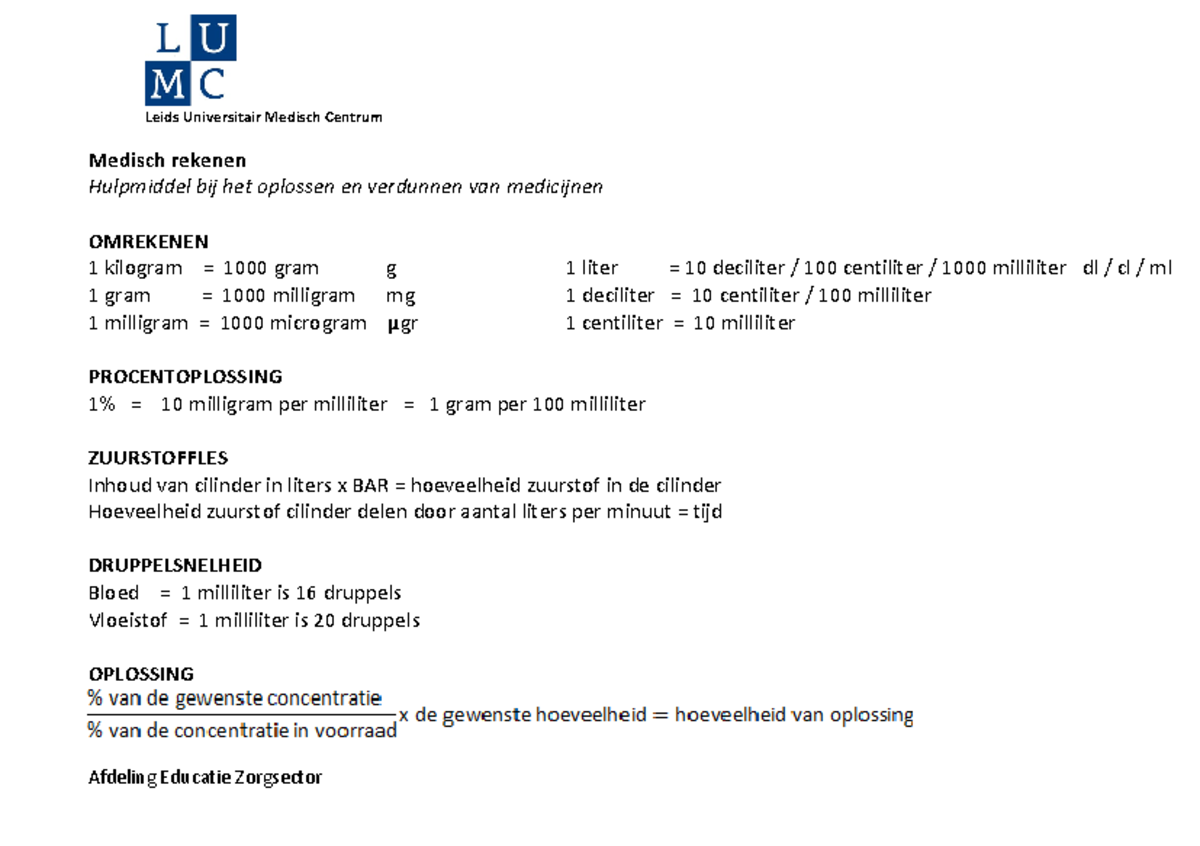 Kaartje Medisch rekenen - Leids Universitair Medisch Centrum Medisch ...