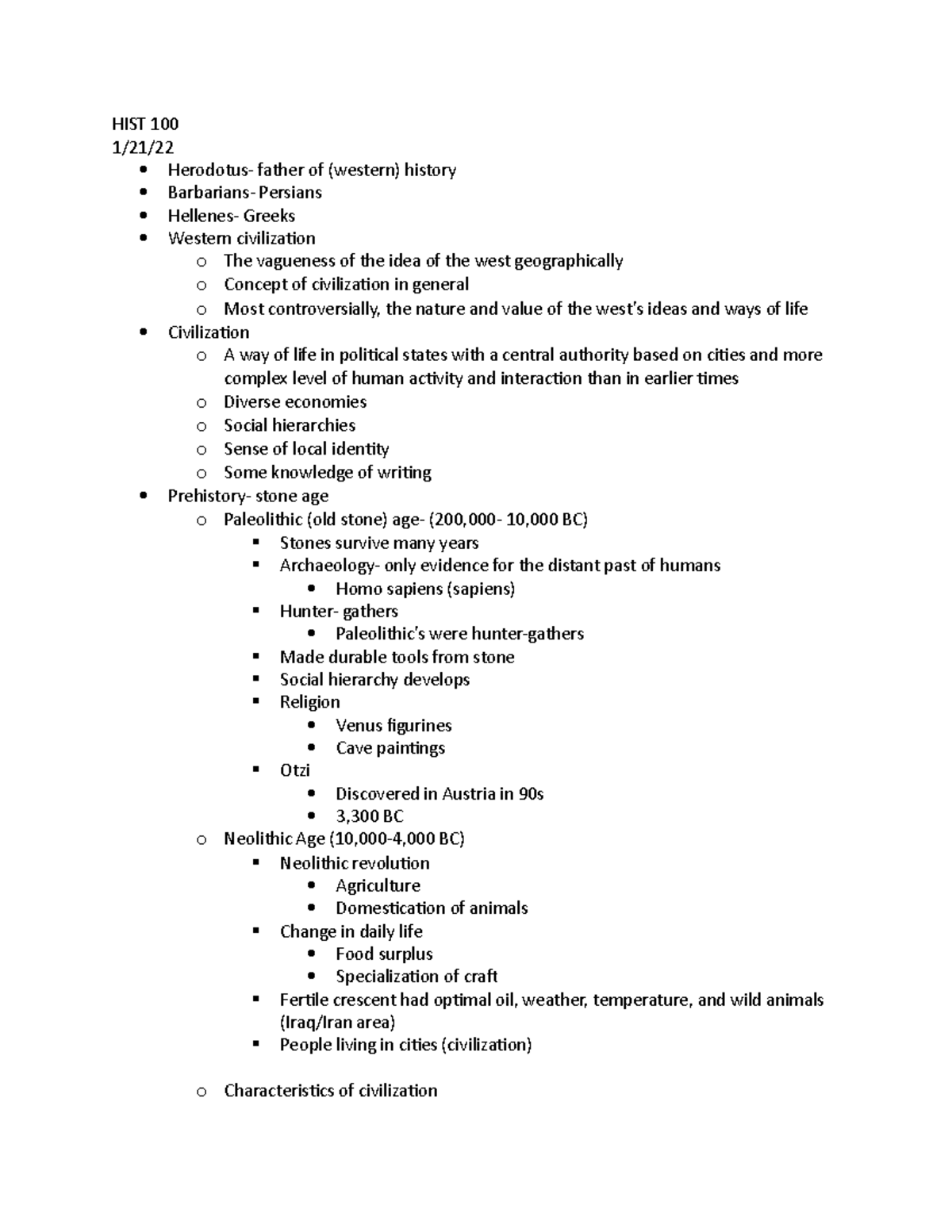 HIST 100- Unit 1 - Dr. Heineman lecture notes - HIST 100 1/21 ...