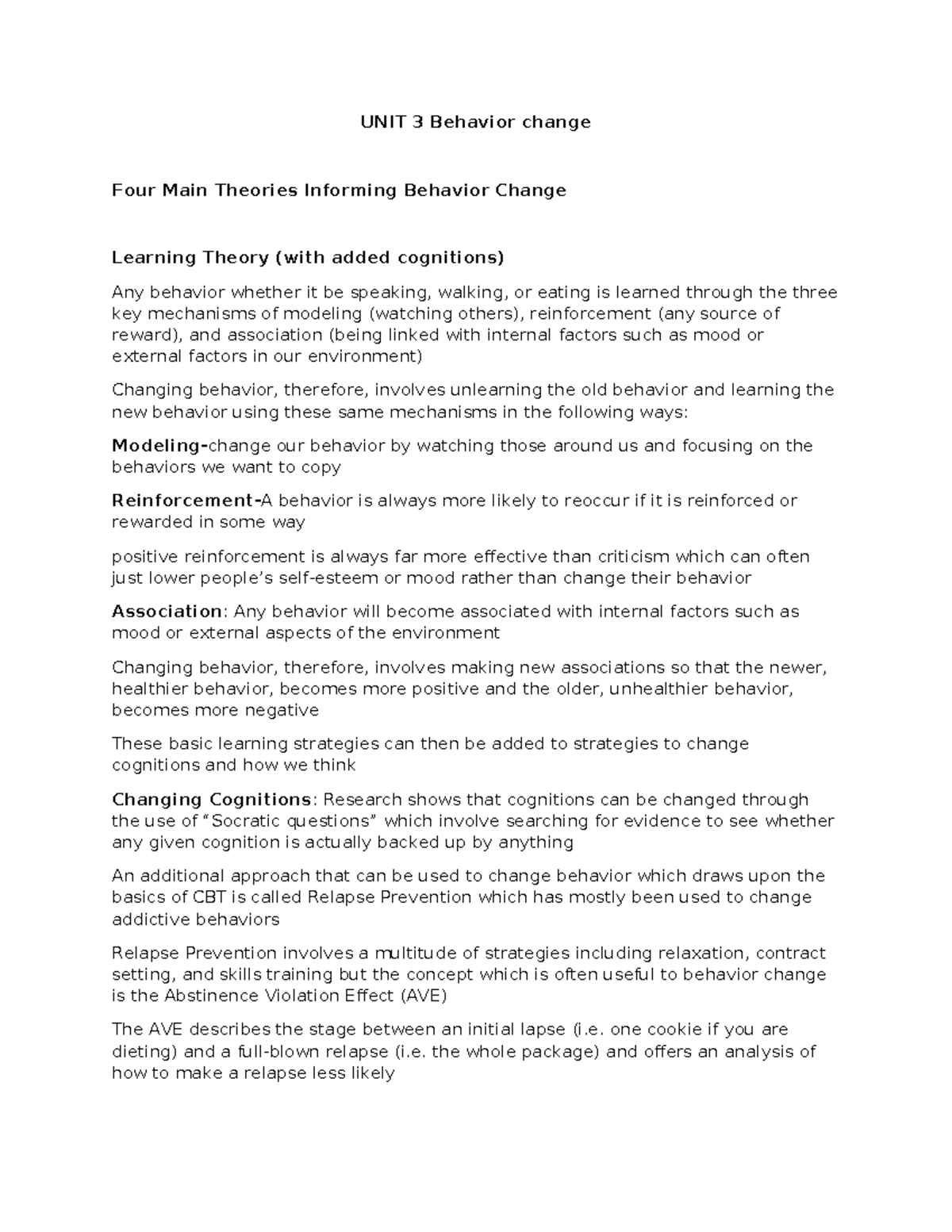 Unit3notes - unit 3 course notes - UNIT 3 Behavior change Four Main ...