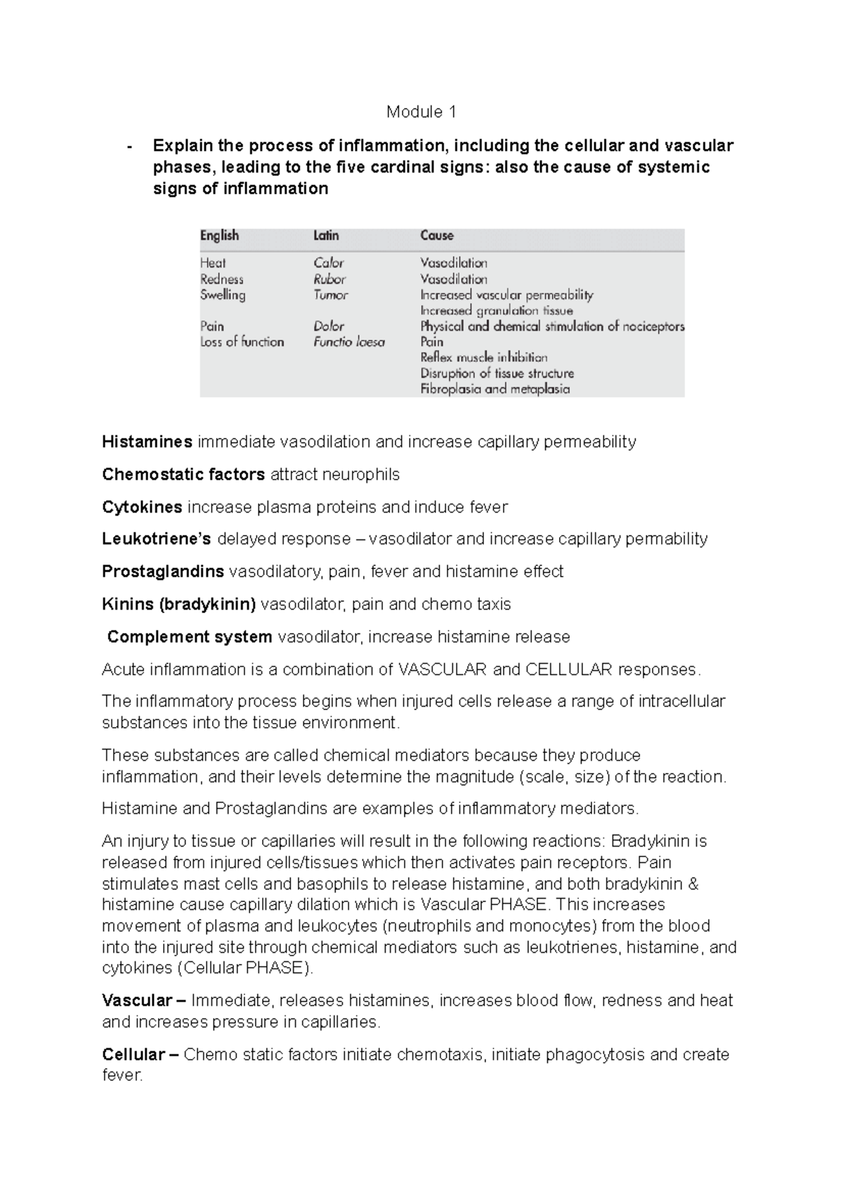 Module 1 - Module 1 - Explain the process of inflammation, including ...