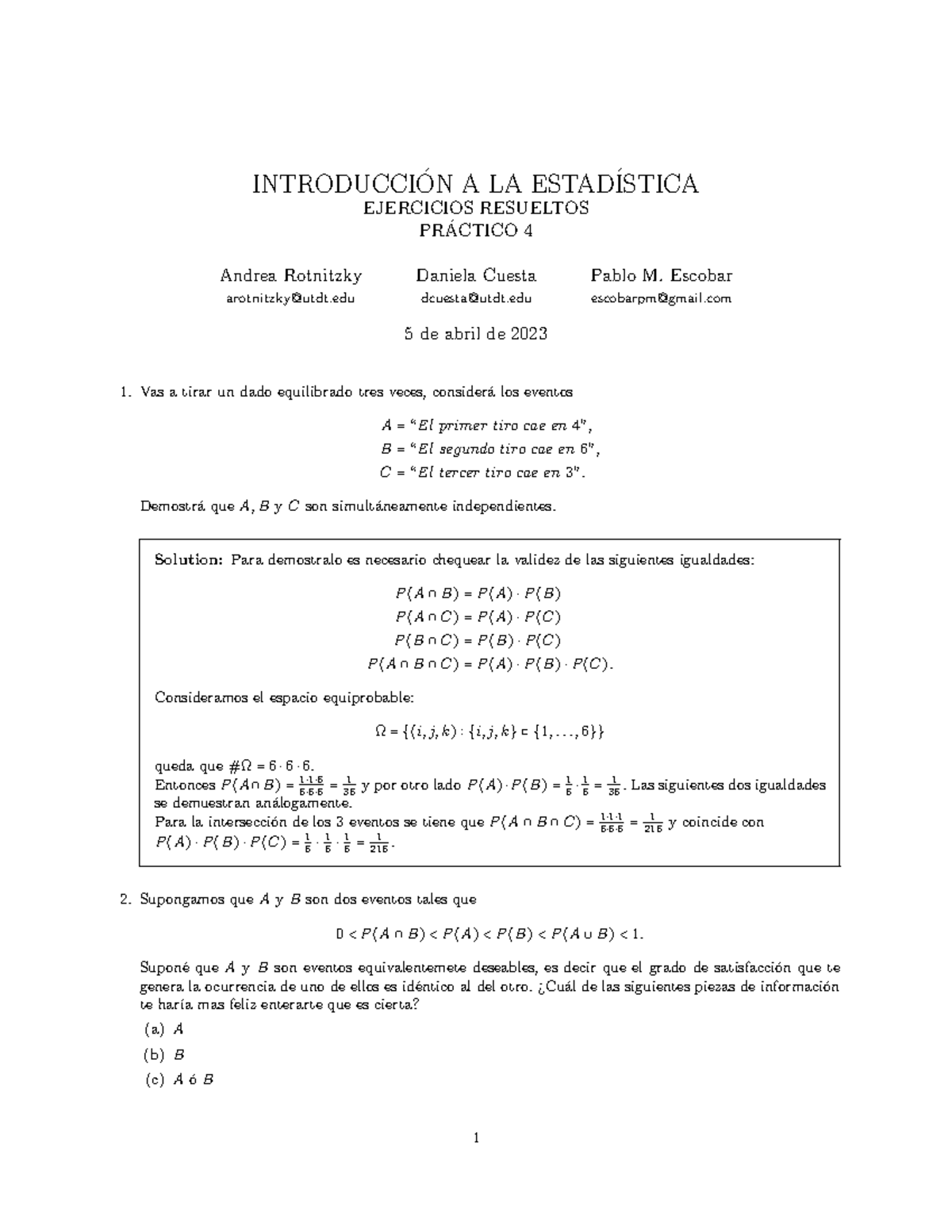 Resuelto TP 4 1er2023 - INTRODUCCIÓN A LA ESTADÍSTICA - INTRODUCCI ́ON ...