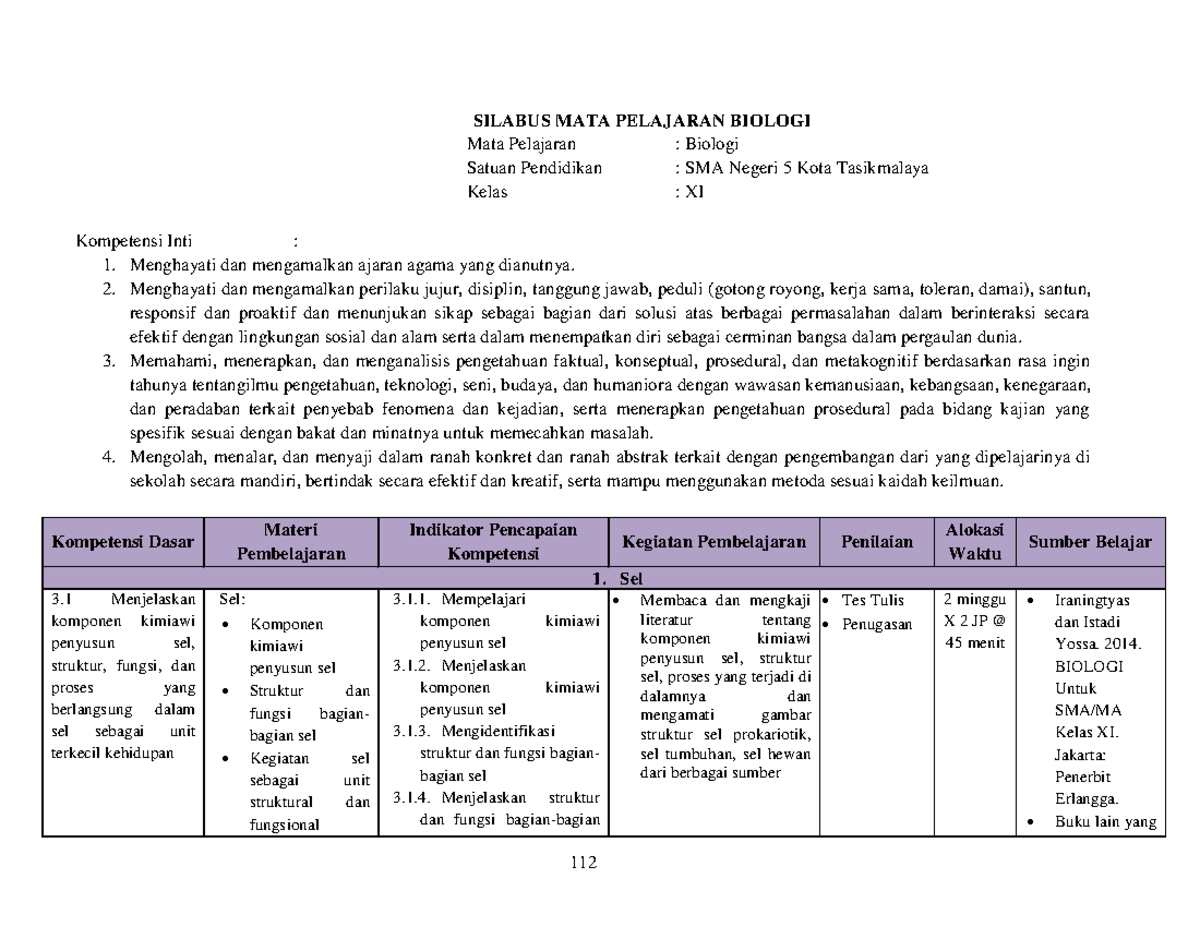 1. Silabus MATA Pelajaran Biologi Materi Sel - 112 SILABUS MATA ...