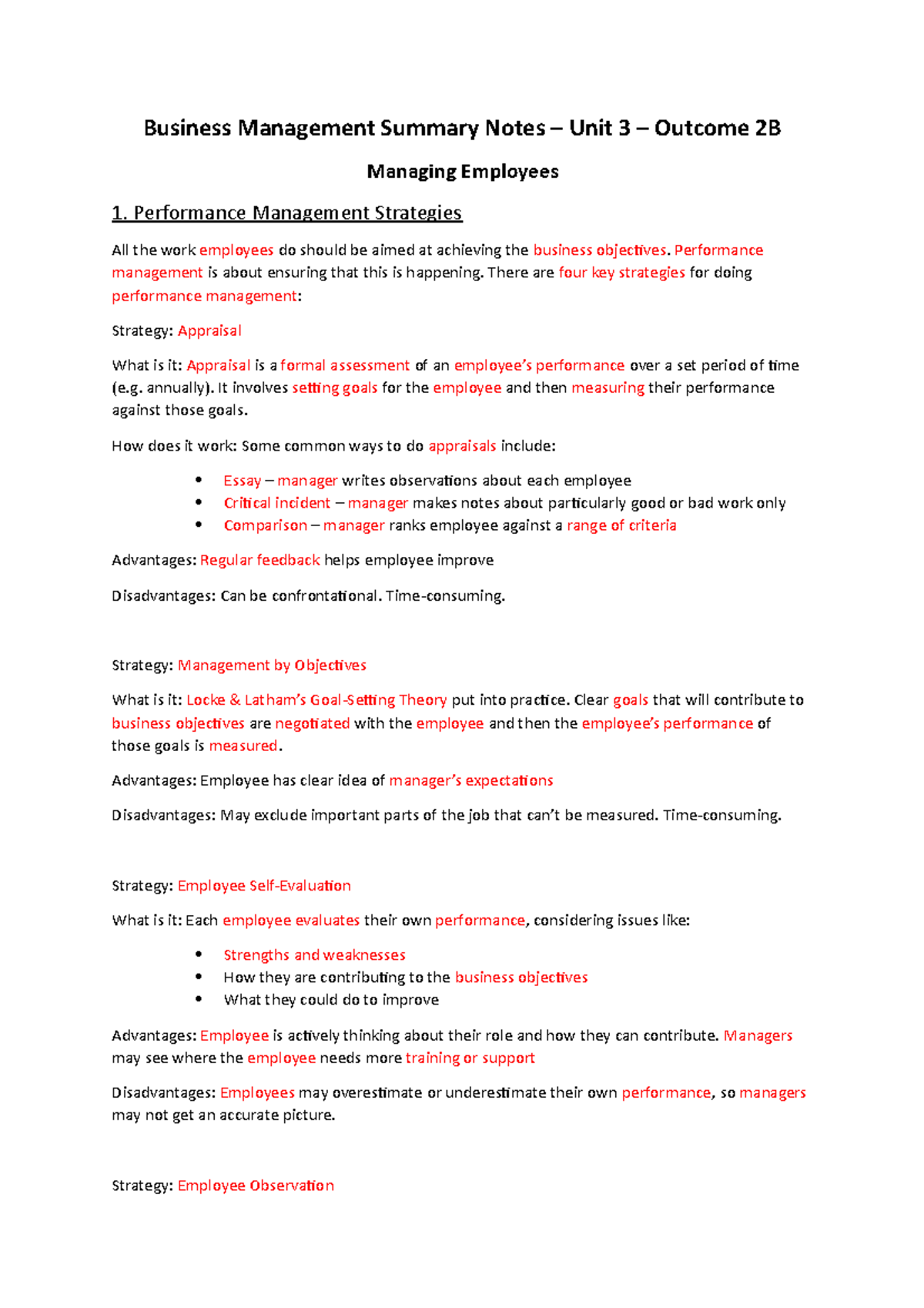 Course Notes Outcome 2B - Business Management Summary Notes – Unit 3 ...