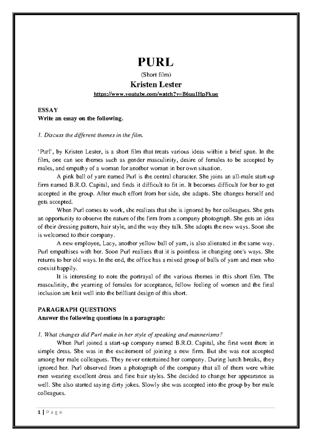 PURL Notes - Purl - 1 | P a g e PURL (Short film) Kristen Lester ...