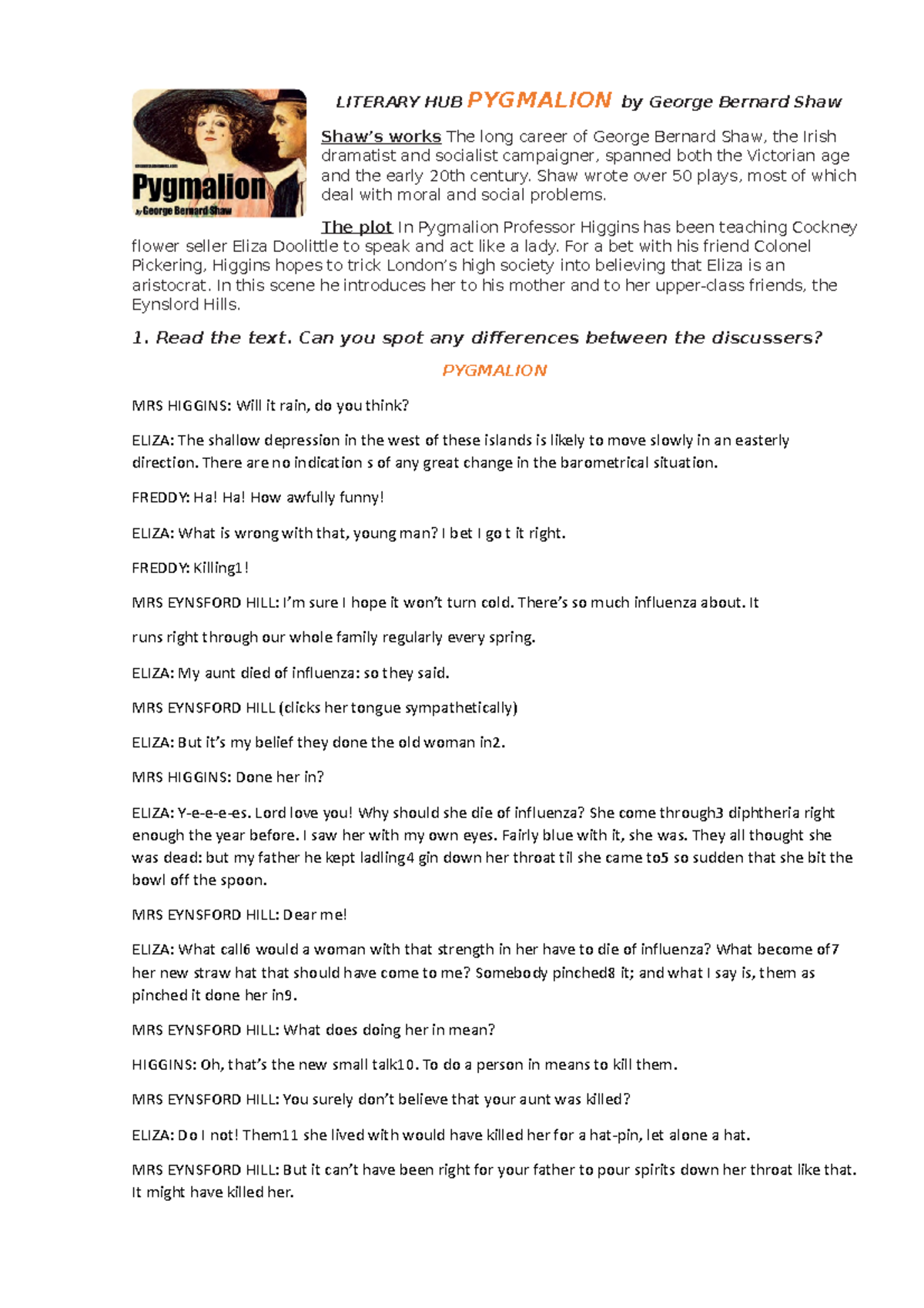 Reading task..... - LITERARY HUB PYGMALION by George Bernard Shaw Shaw ...