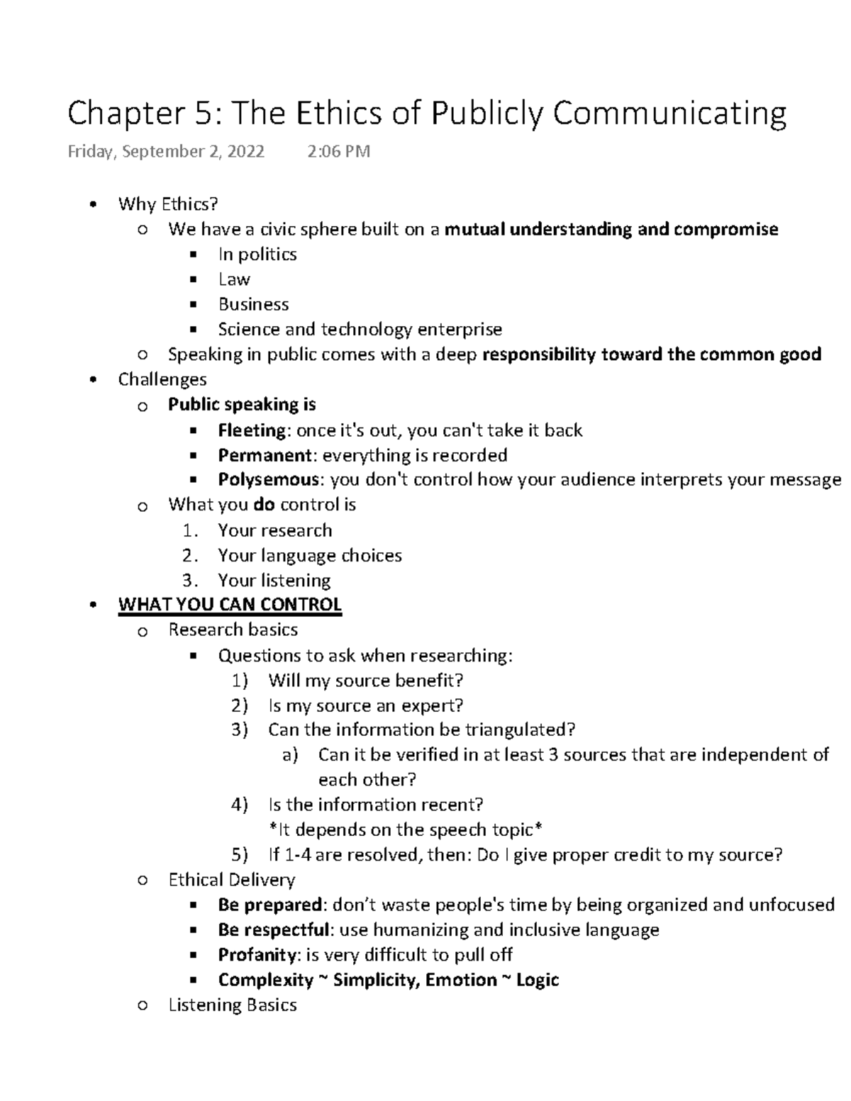 Chapter 5 The Ethics of Publicly Communicating - Why Ethics? We have a ...