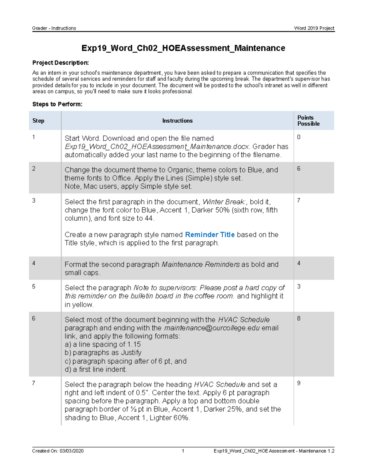 Exp19 Word Ch02 HOEAssessment Maintenance Instructions - Grader - Instructions Word 2019 Project ...