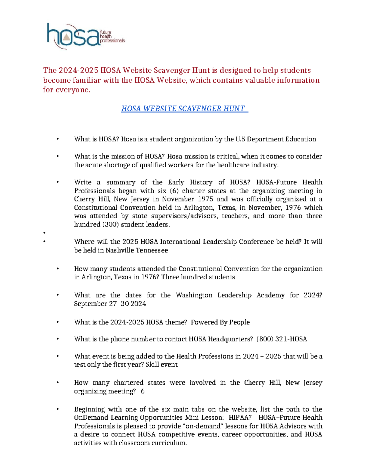 Copy of HOSA Scavenger Hunt 2024-2025 - The 2024-2025 HOSA Website ...