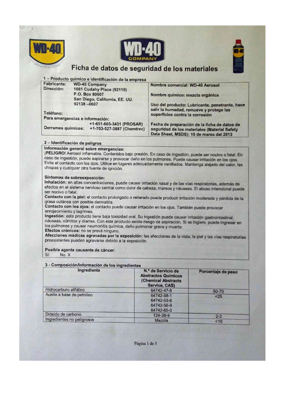 MSDS WD 40 - MSDS - COMPANY Ficha de datos de seguridad de los ...