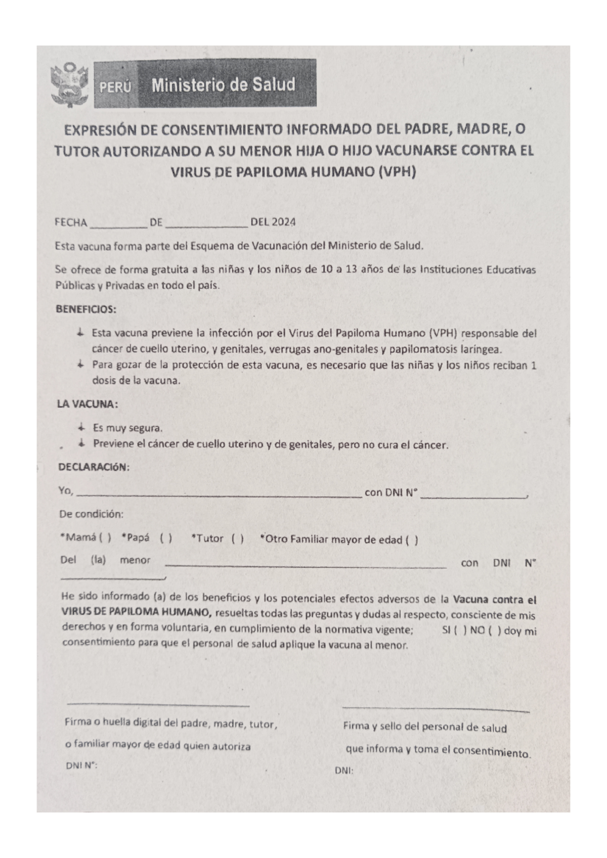 VPH - VPH - PERU Ministerio de Salud EXPRESIÓN DE CONSENTIMIENTO INFORMADO DEL PADRE, MADRE, o ...