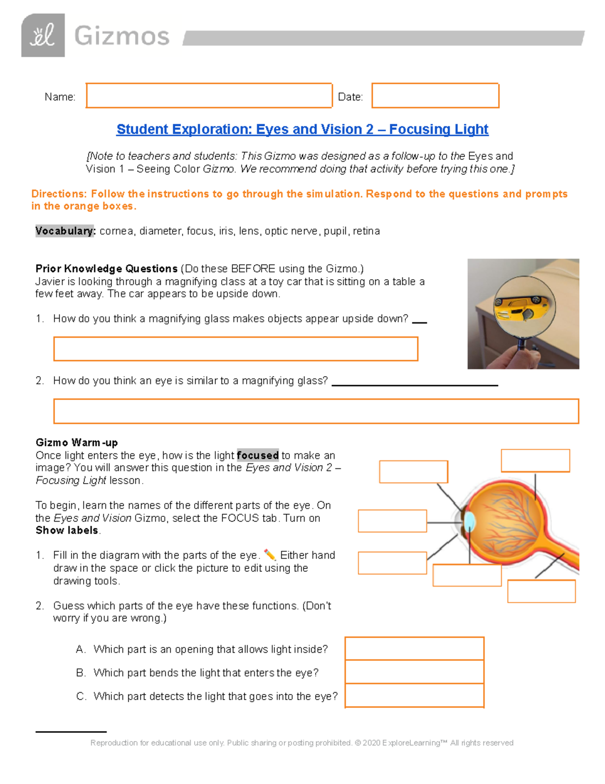 Copy of Focusing Light SE - Name: Date: Student Exploration: Eyes and ...