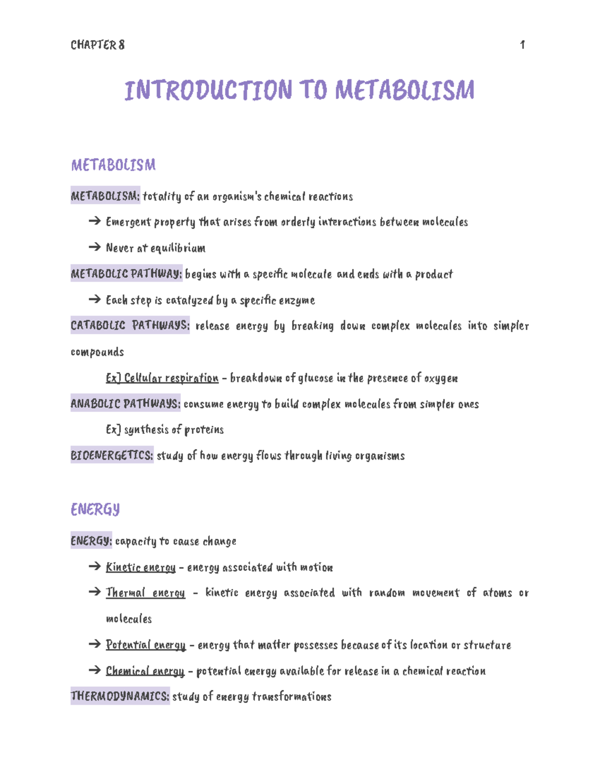 Chapter 8 Notes - Introduction to Metabolism - INèïāDßéåIāN èĀ ...