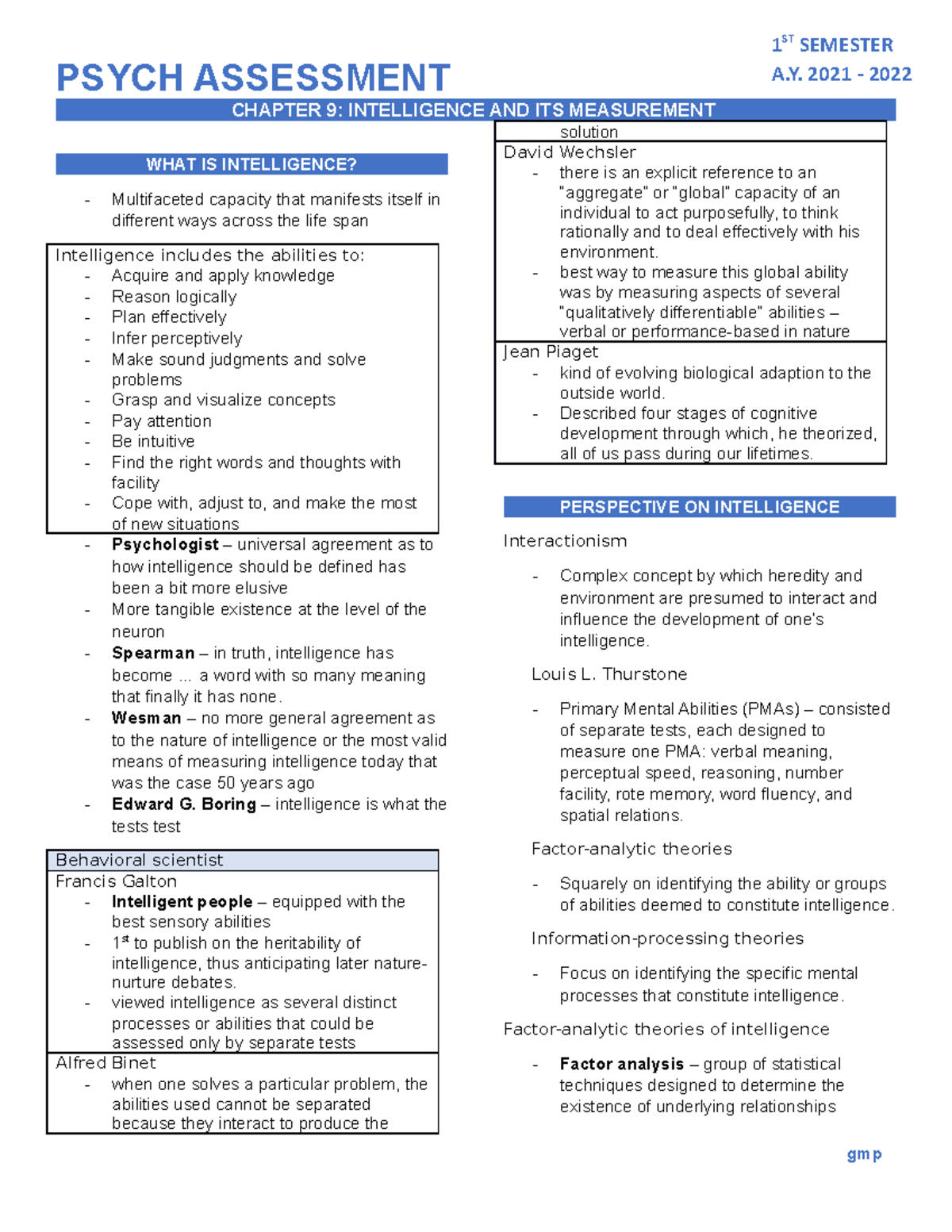 Assessment Trans - Chapter 9 - PSYCH ASSESSMENT CHAPTER 9: INTELLIGENCE ...