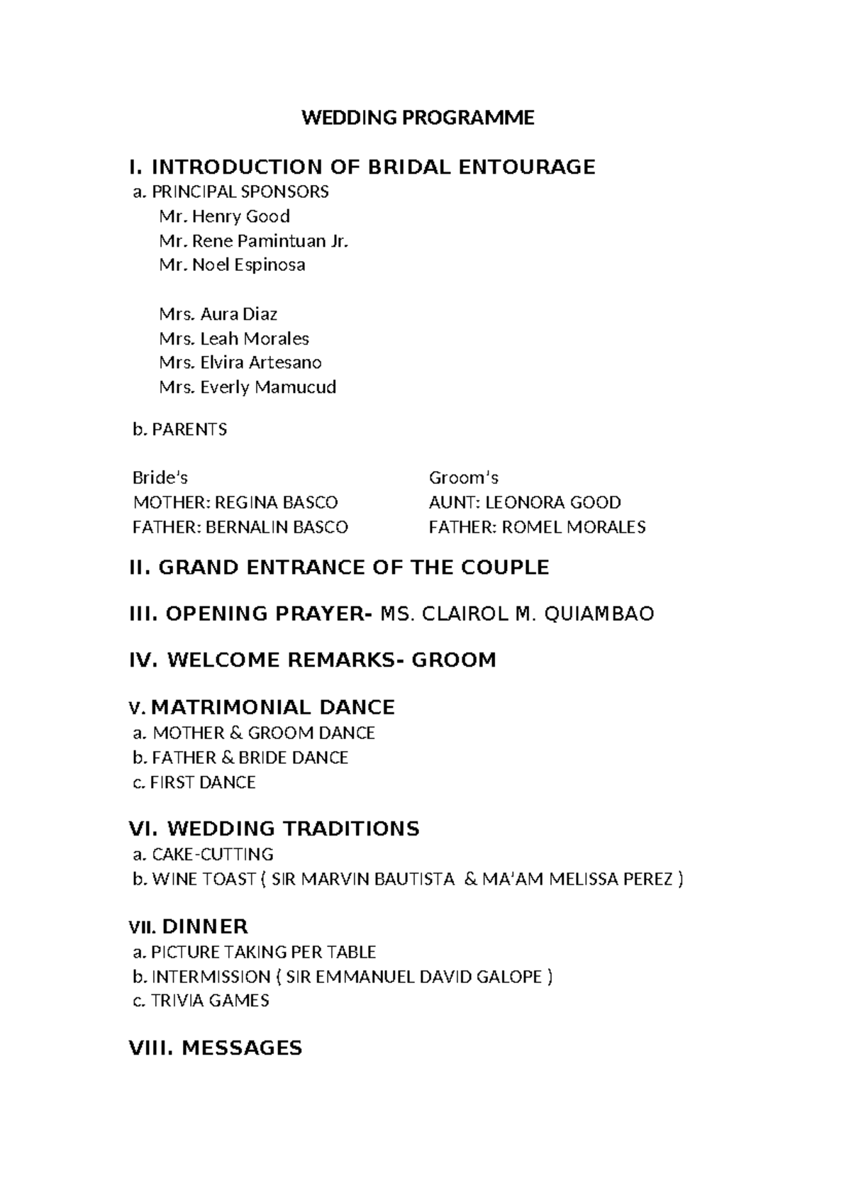 DEC - WEDDING PROGRAMME I. INTRODUCTION OF BRIDAL ENTOURAGE a ...