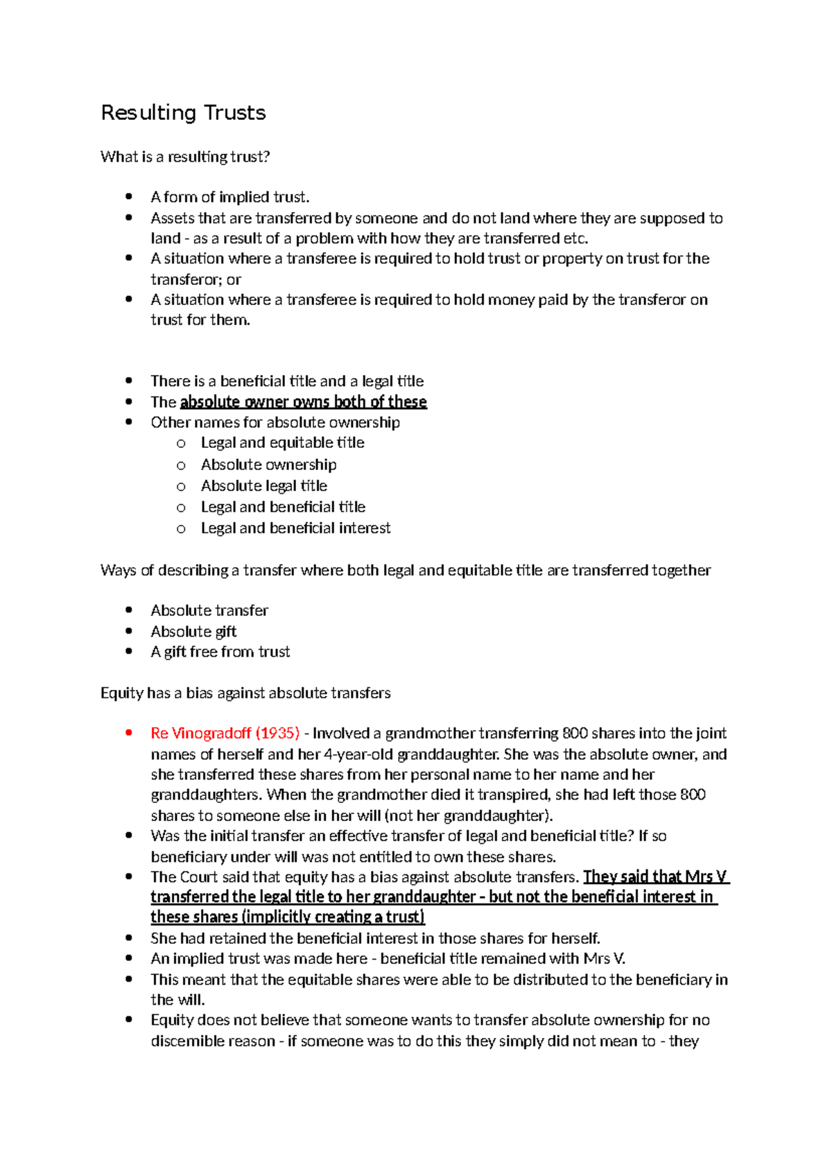 Equity Lecture 4 - resulting trusts - Resulting Trusts What is a ...