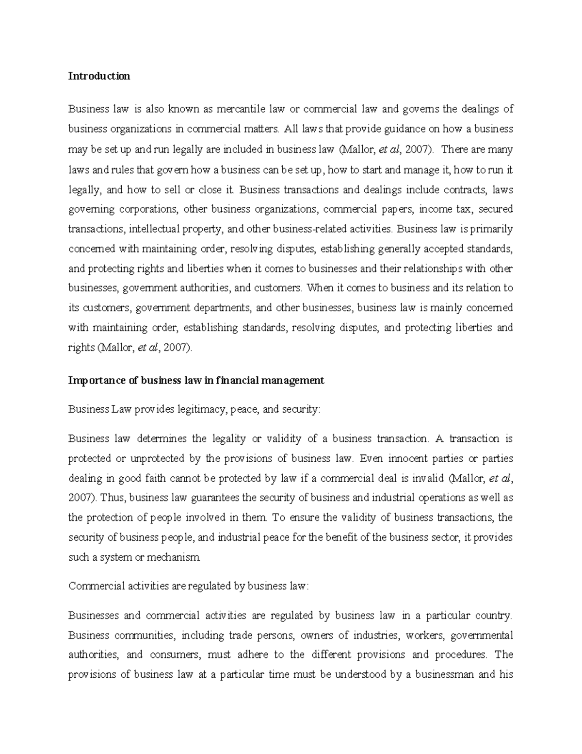 Business LAW Course WORK - BK - Introduction Business law is also known ...