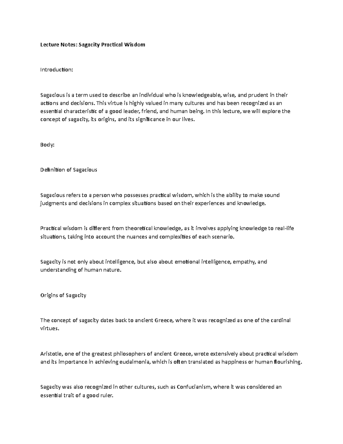 Lecture Notes: Sagacity Practical Wisdom - Lecture Notes: Sagacity ...