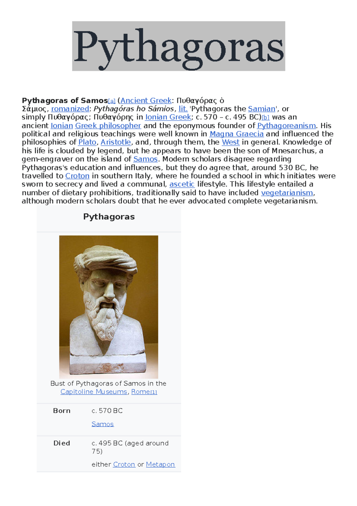 Pythagoras - God project - Pythagoras Pythagoras of Samos[a] (Ancient ...