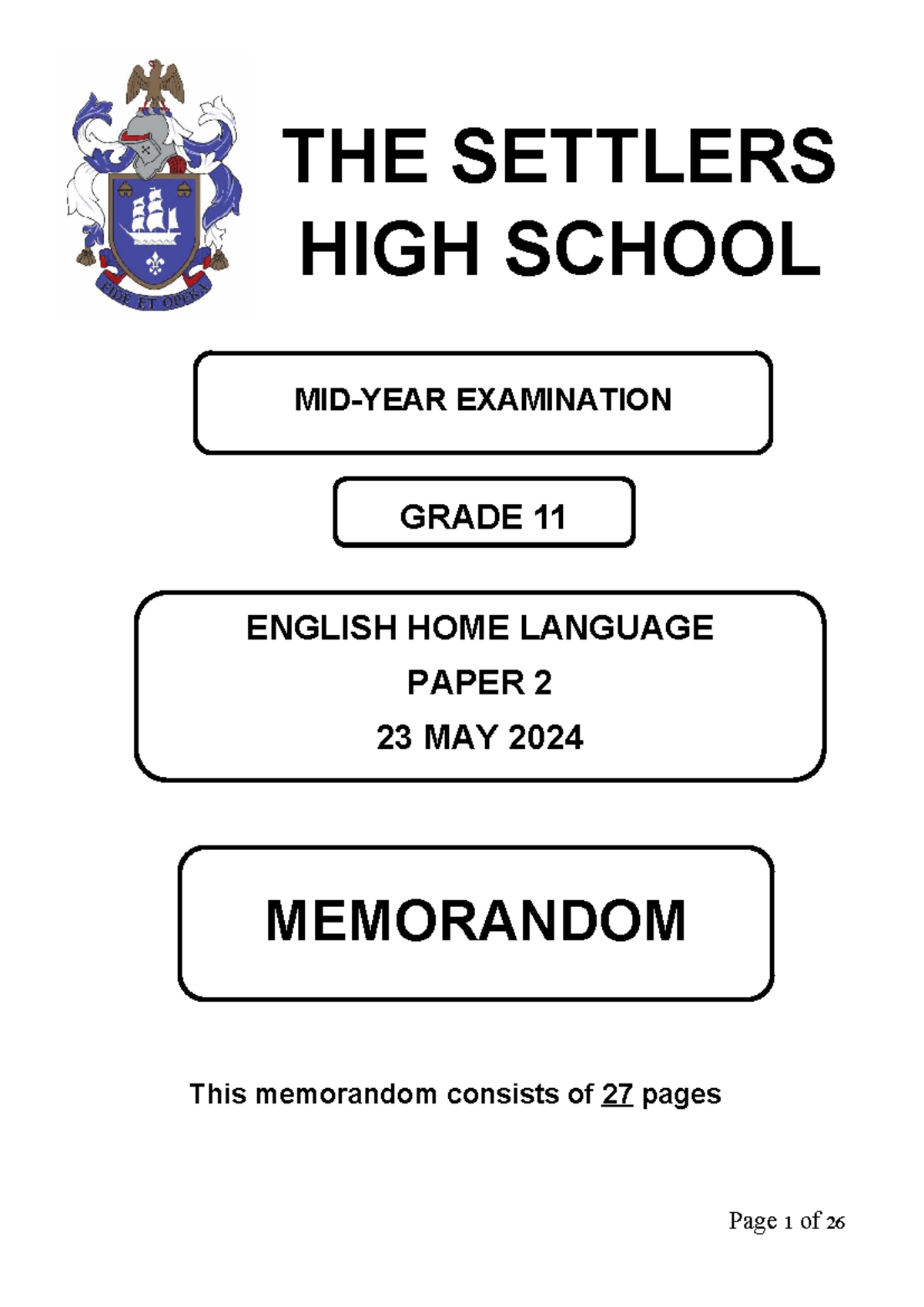 MEMO - GR 11 P2 T2 2024 - June exam paper 2 - ENGLISH HOME LANGUAGE ...