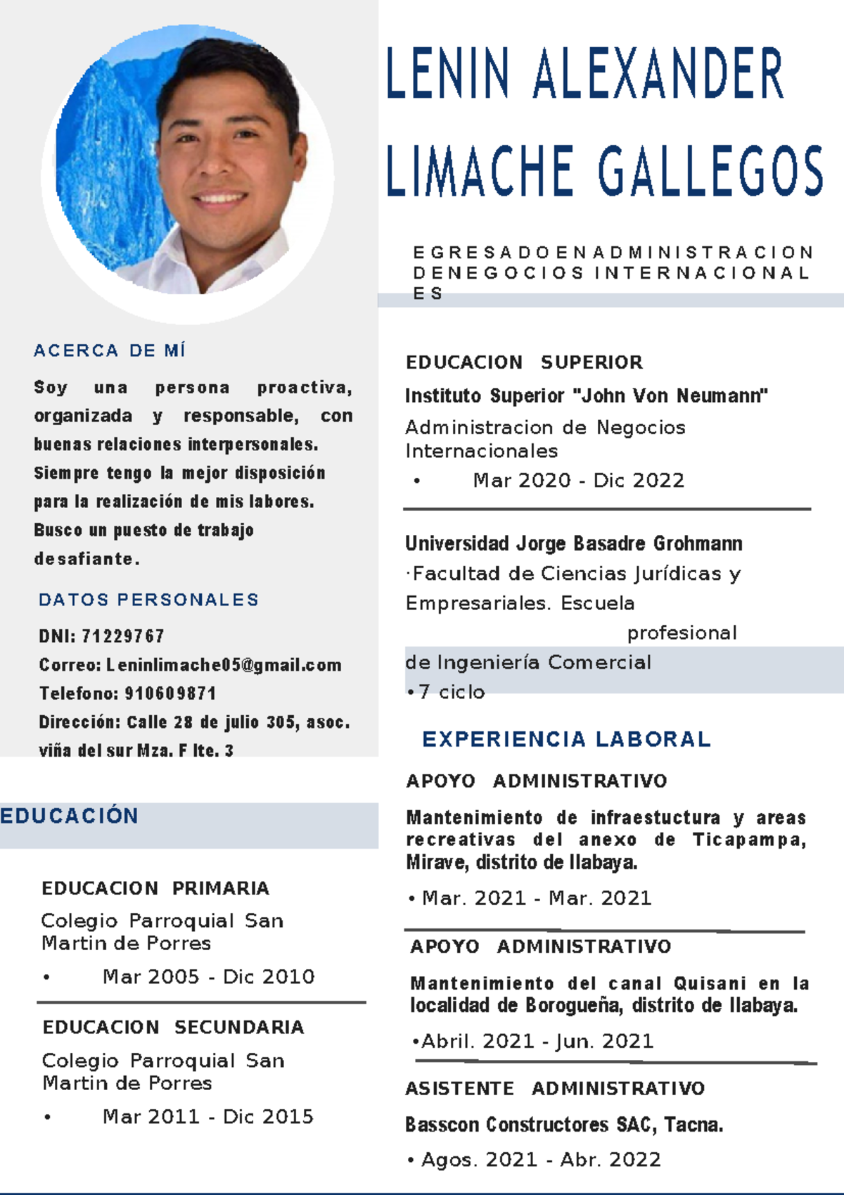 Cv LENI. - EDUCACIÓN LENIN ALEXANDER LIMACHE GALLEGOS E G R E S A D O E N A D M I N I S T R A C ...