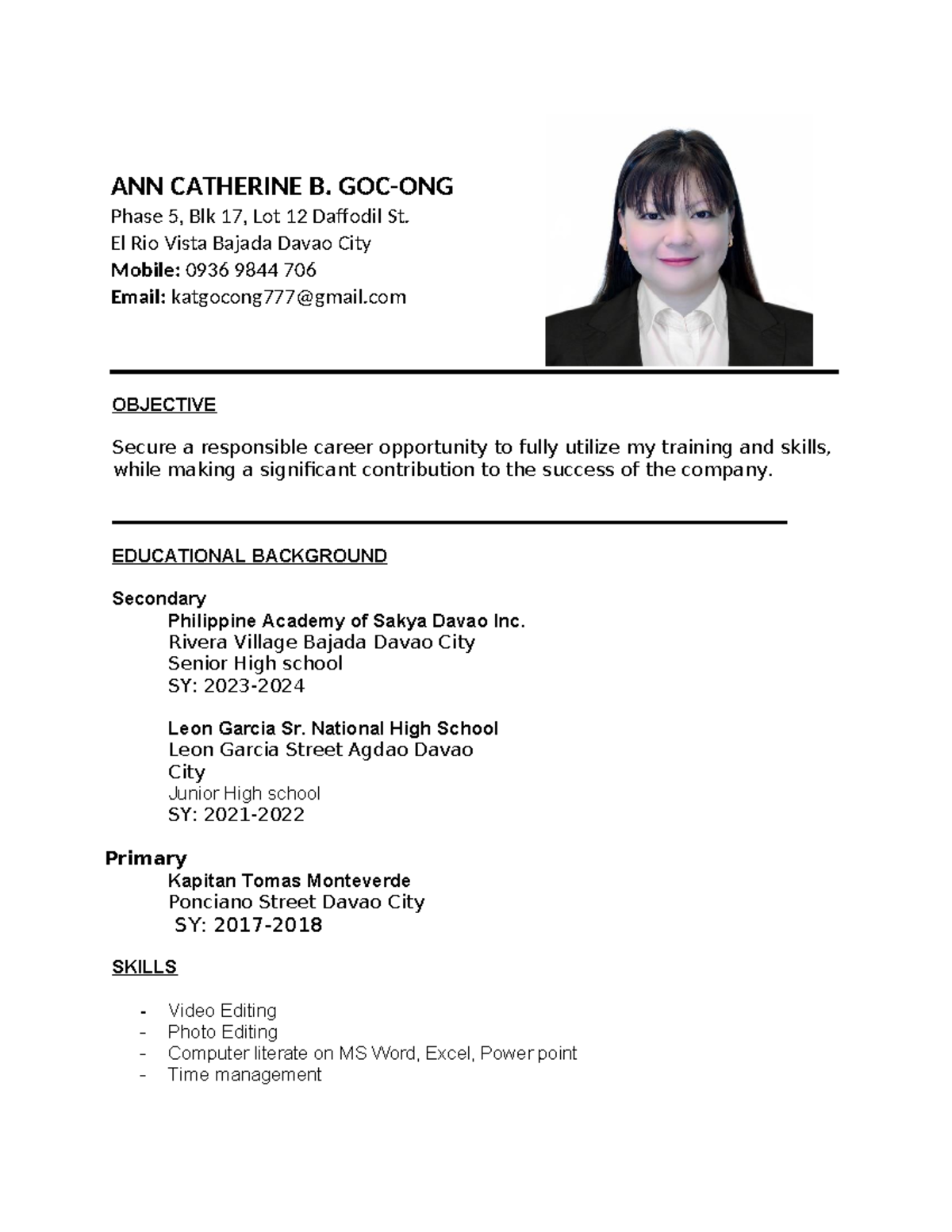 Sample- Resume - OBJECTIVE Secure a responsible career opportunity to ...