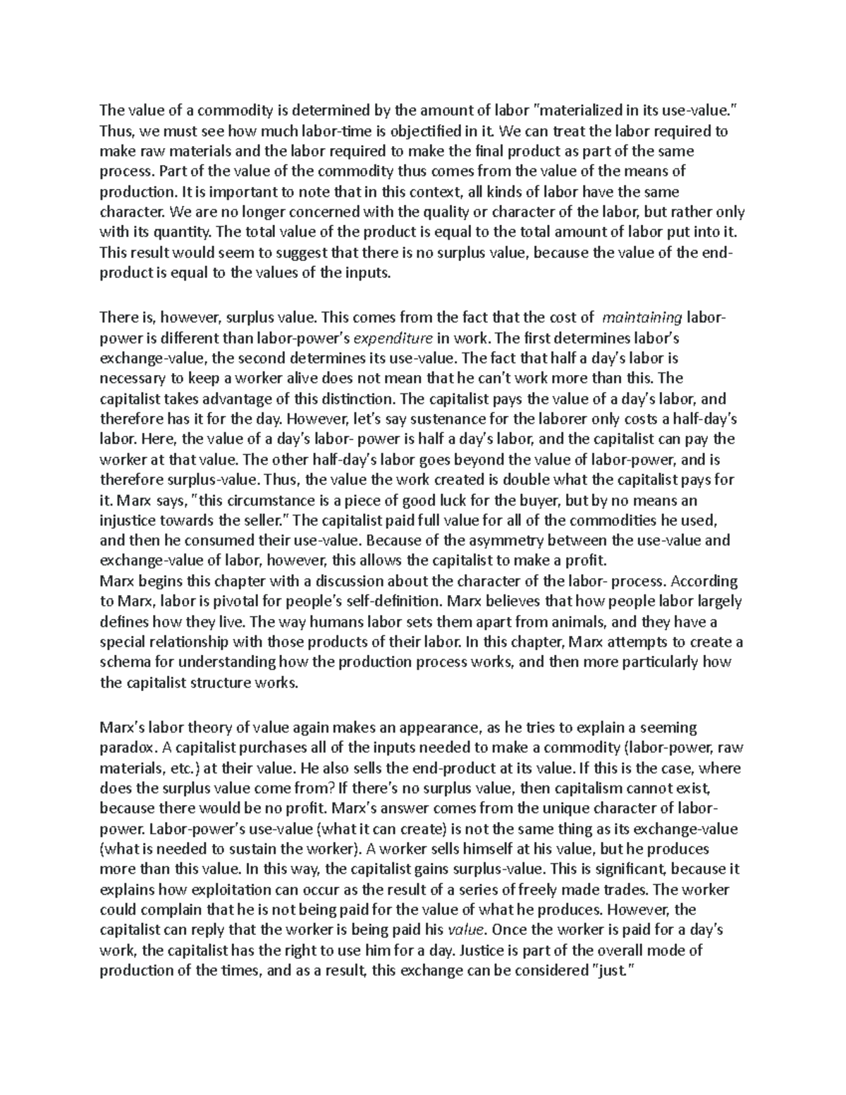 Philosphy 250 - Lecture Notes - The value of a commodity is determined ...