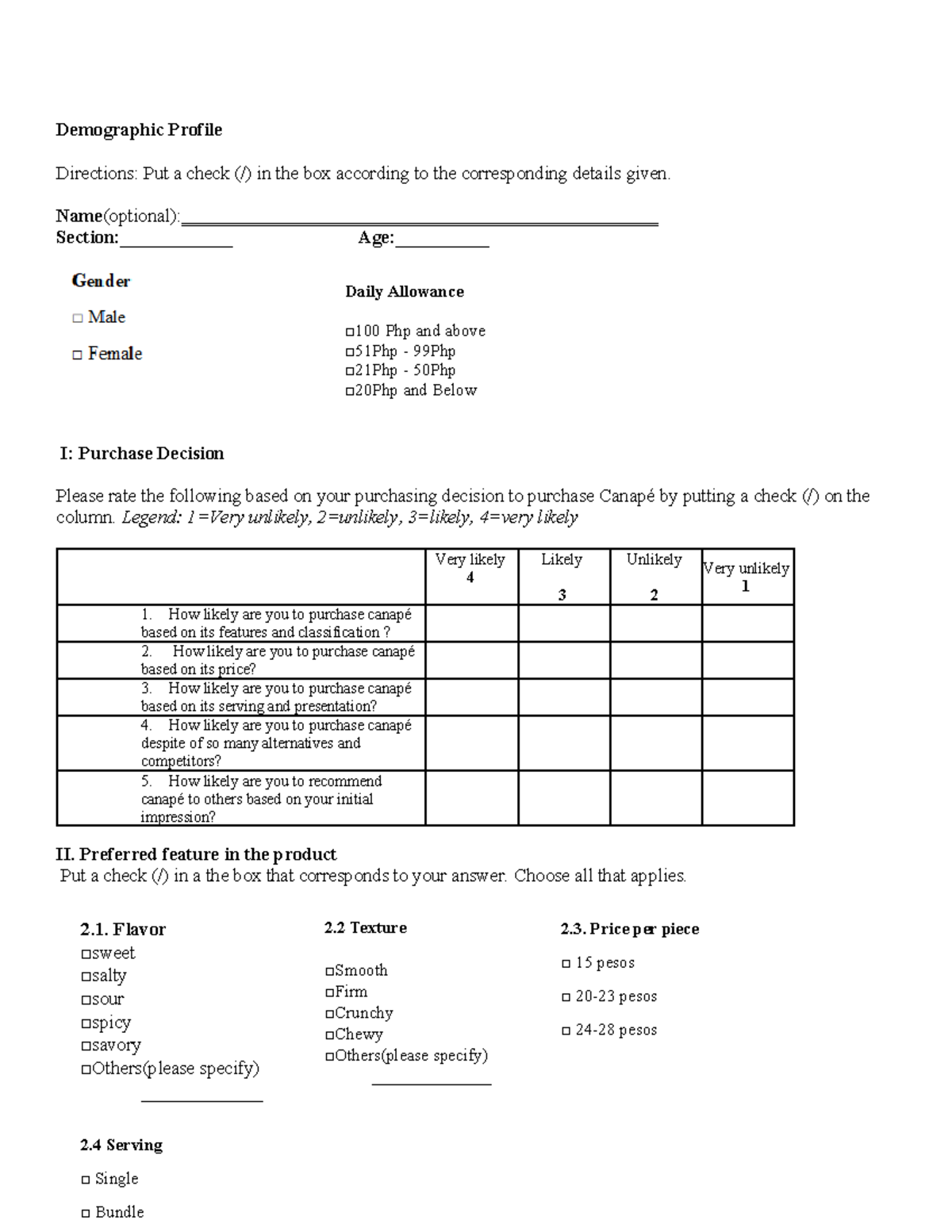 Survey Questionnaire for Feasibility Study Example - Demographic ...