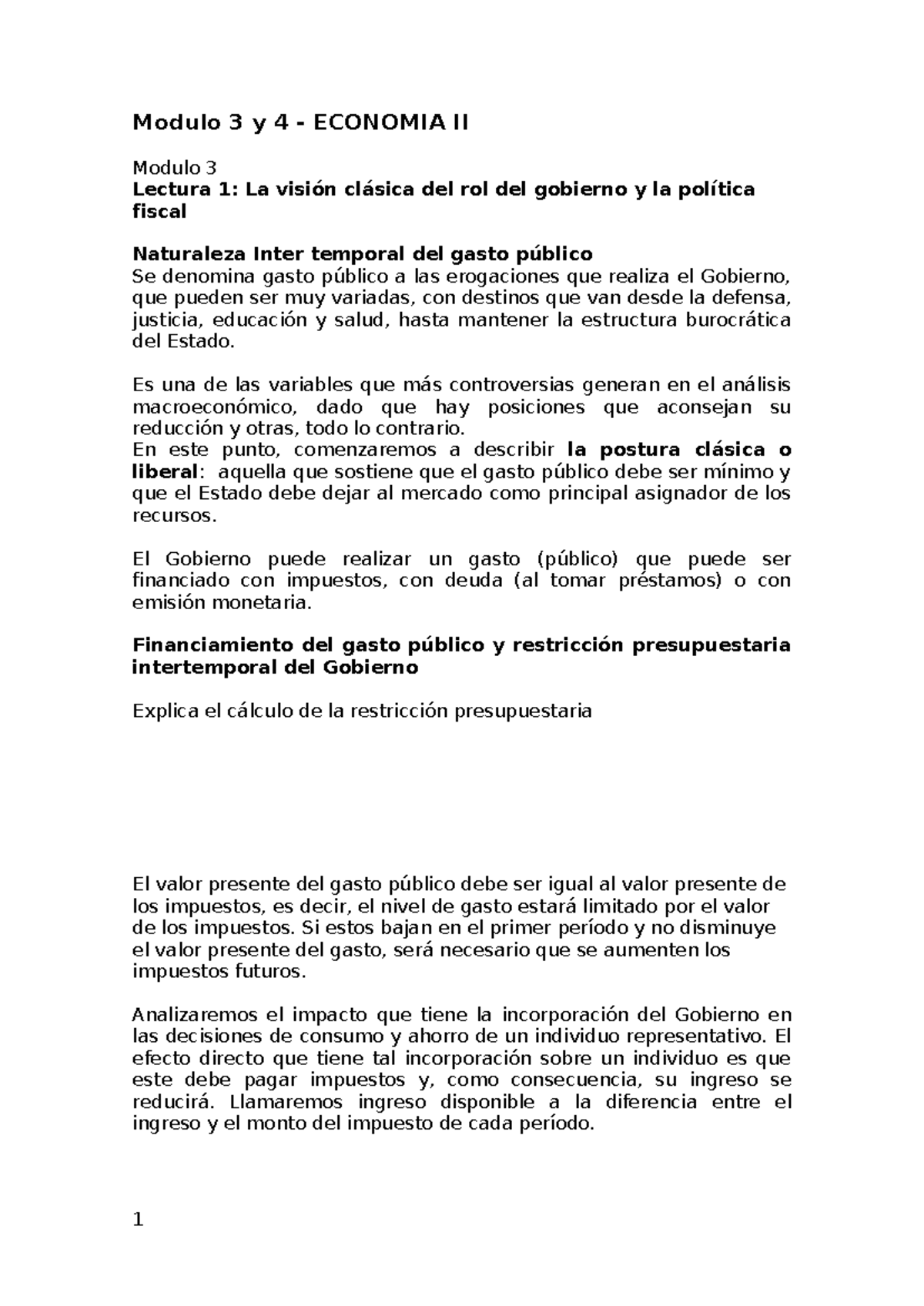 Modulo 3 y 4 - RESUMEN - Modulo 3 y 4 - ECONOMIA II Modulo 3 Lectura 1: La visión clásica del ...