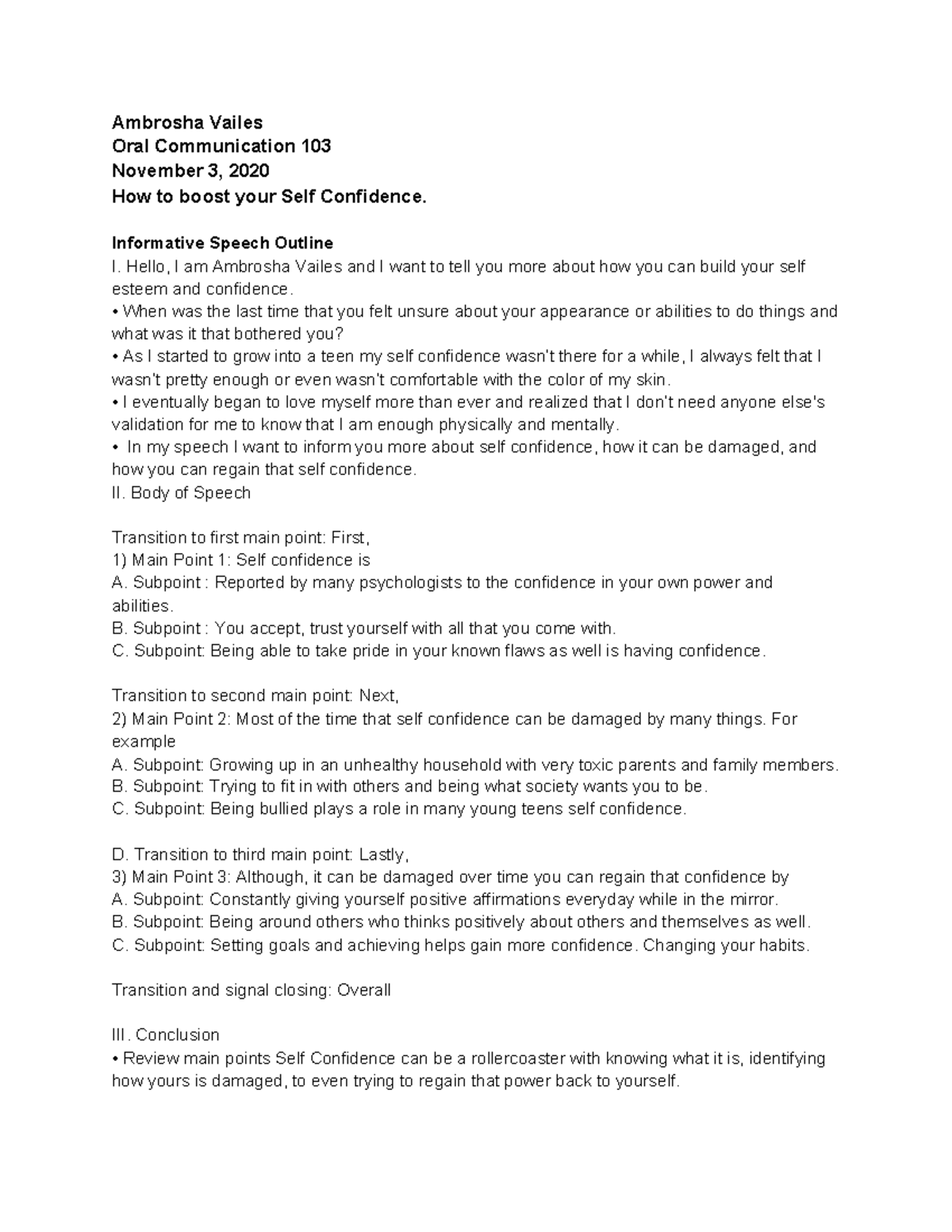 Informative Speech Outline - Ambrosha Vailes Oral Communication 103 ...