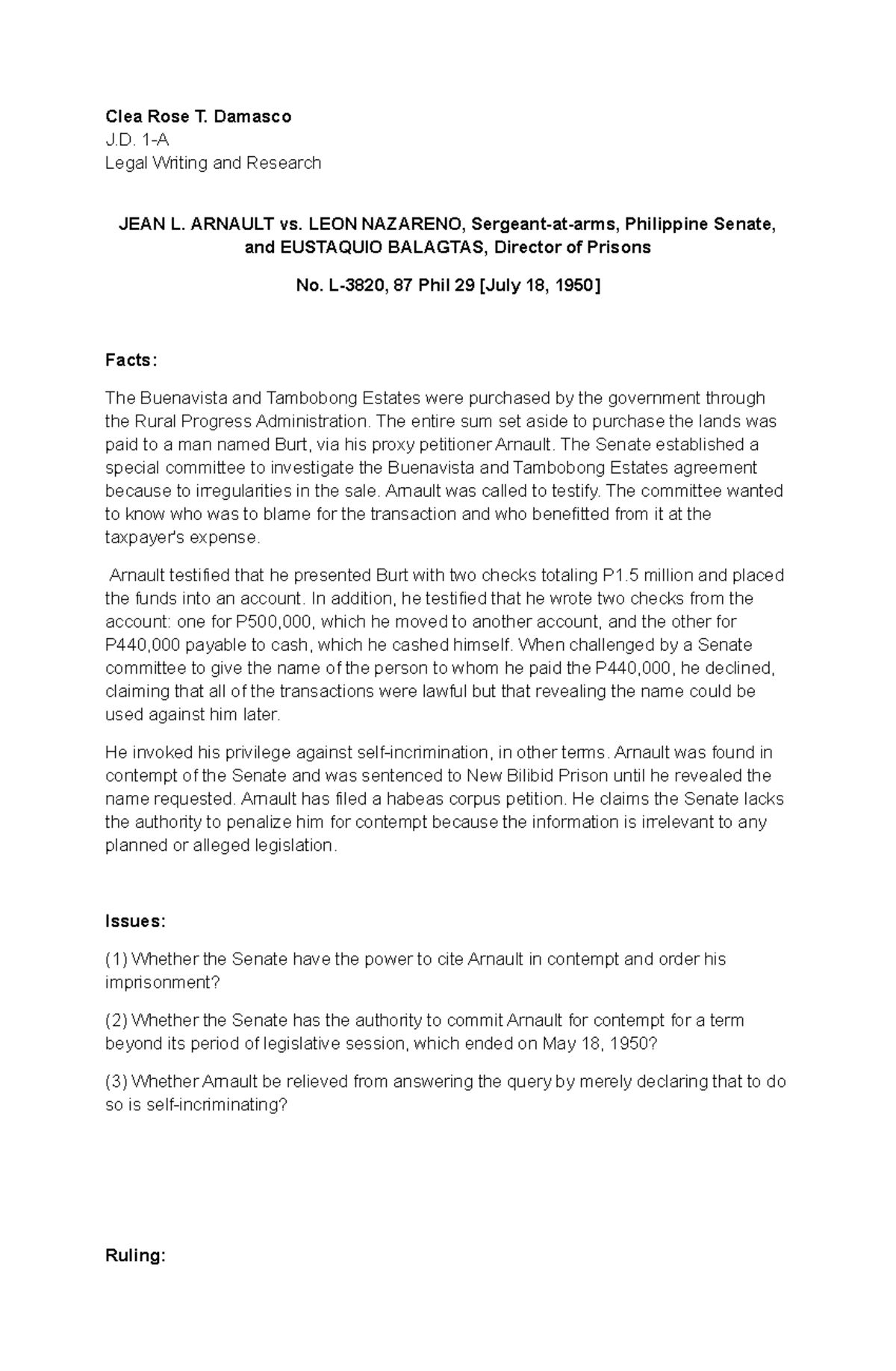 Case Digest - Clea Rose T. Damasco J. 1-A Legal Writing and Research ...