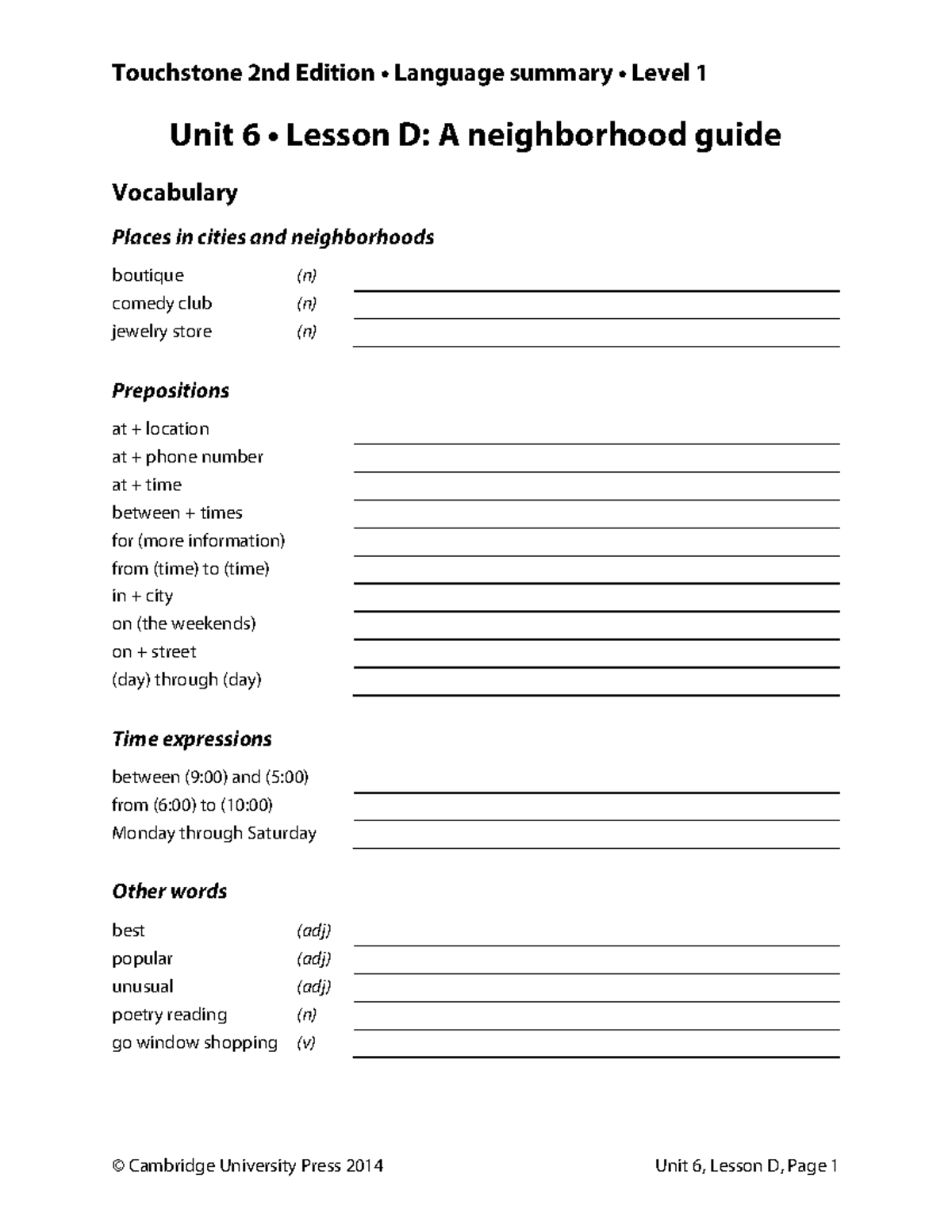 TS2e L1 U6 LD Langsum - Touchstone 2nd Edition • Language summary • Level 1 Unit 6 • Lesson D: A ...